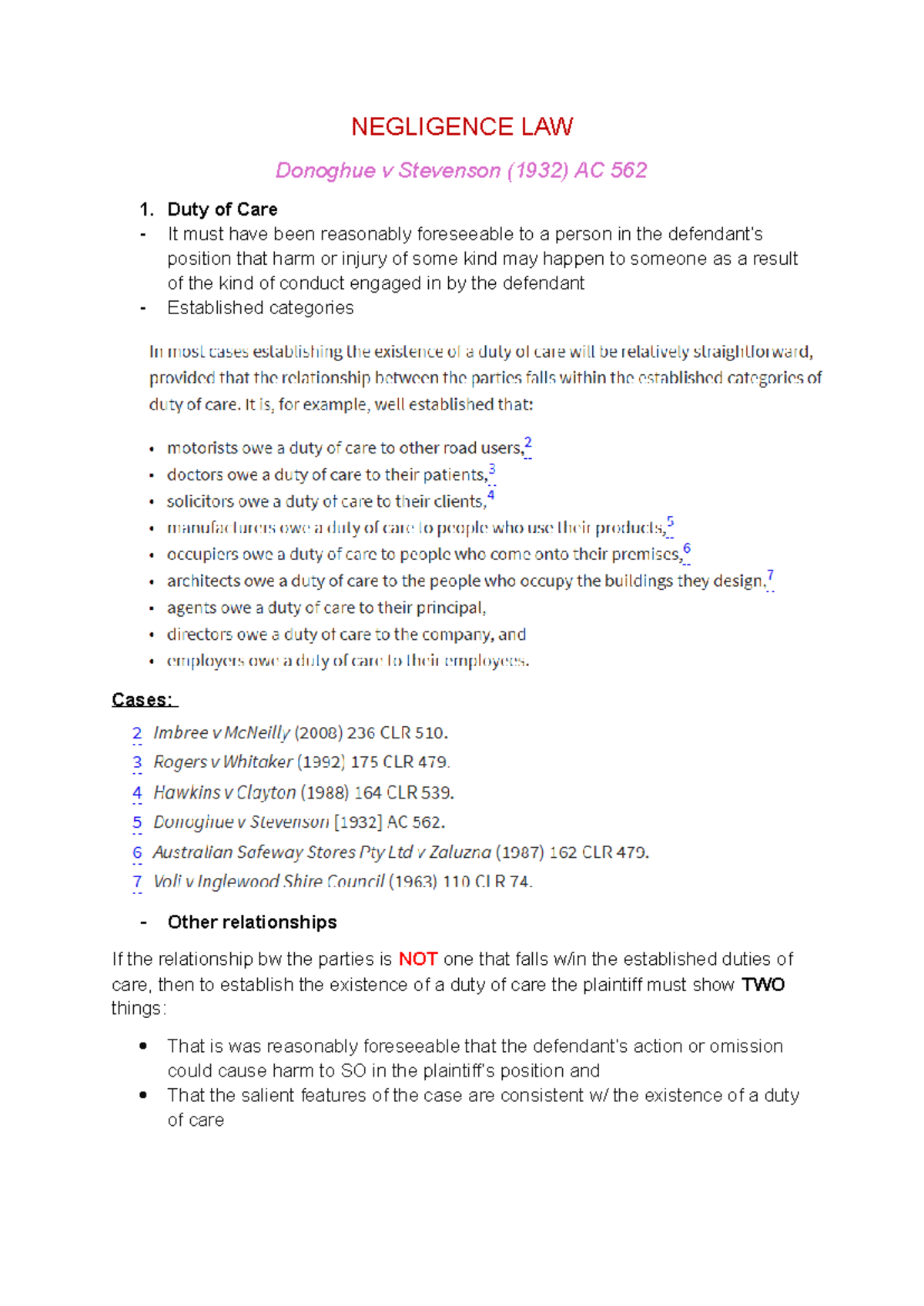 Negligence Law - Tutorial Notes on Donoghue v Stevenson (1932) - Studocu