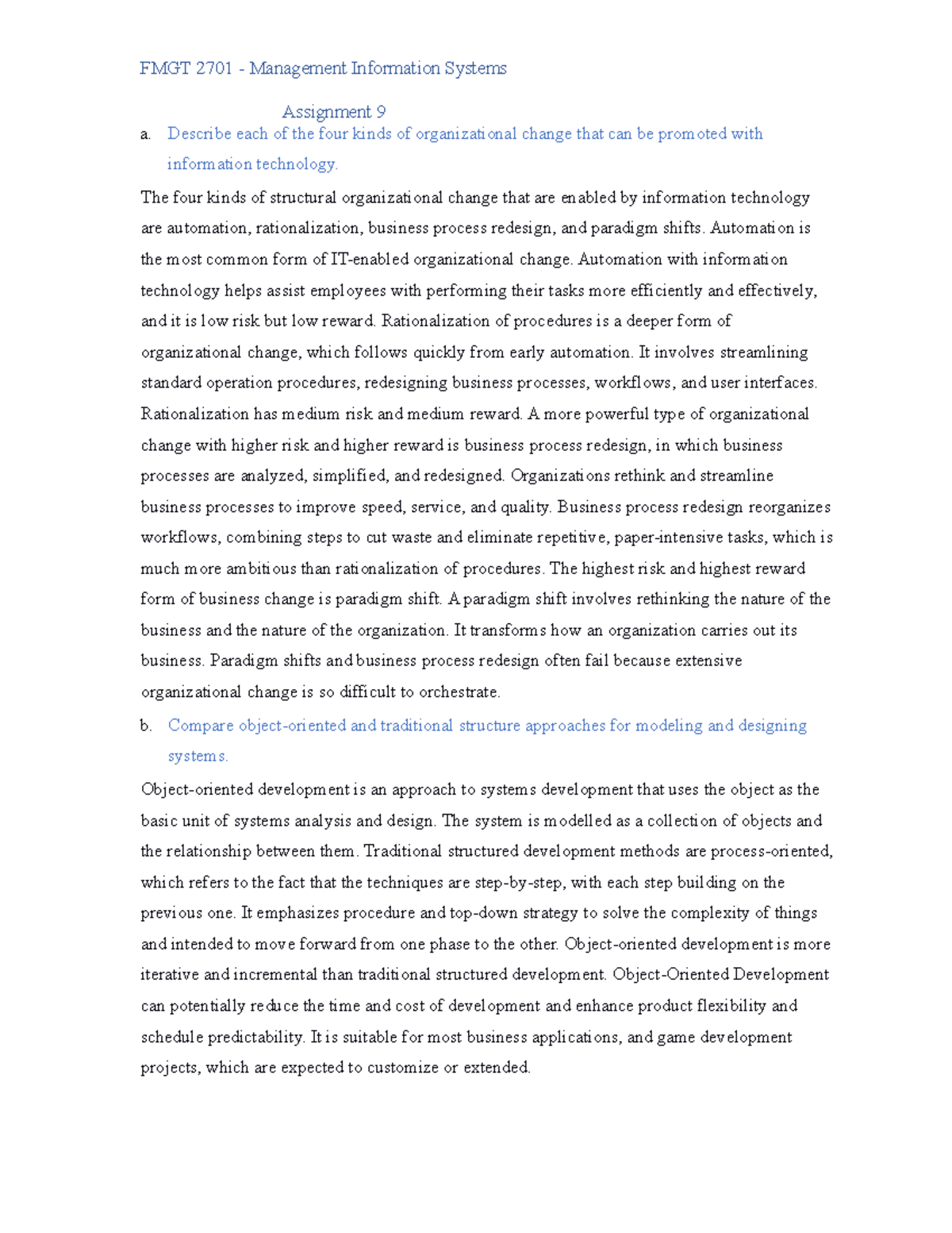 FMGT 2701 - Assignment 9 - Copy - FMGT 2701 - Management Information Systems Assignment 9 a ...