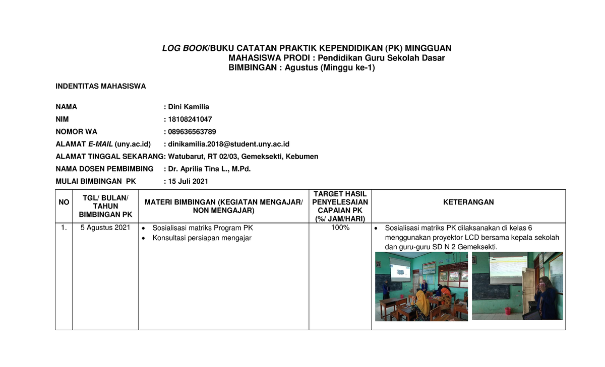 Logbook Praktik Pendidikan Mahasiswa PPL PGSD Mingguan - Studocu