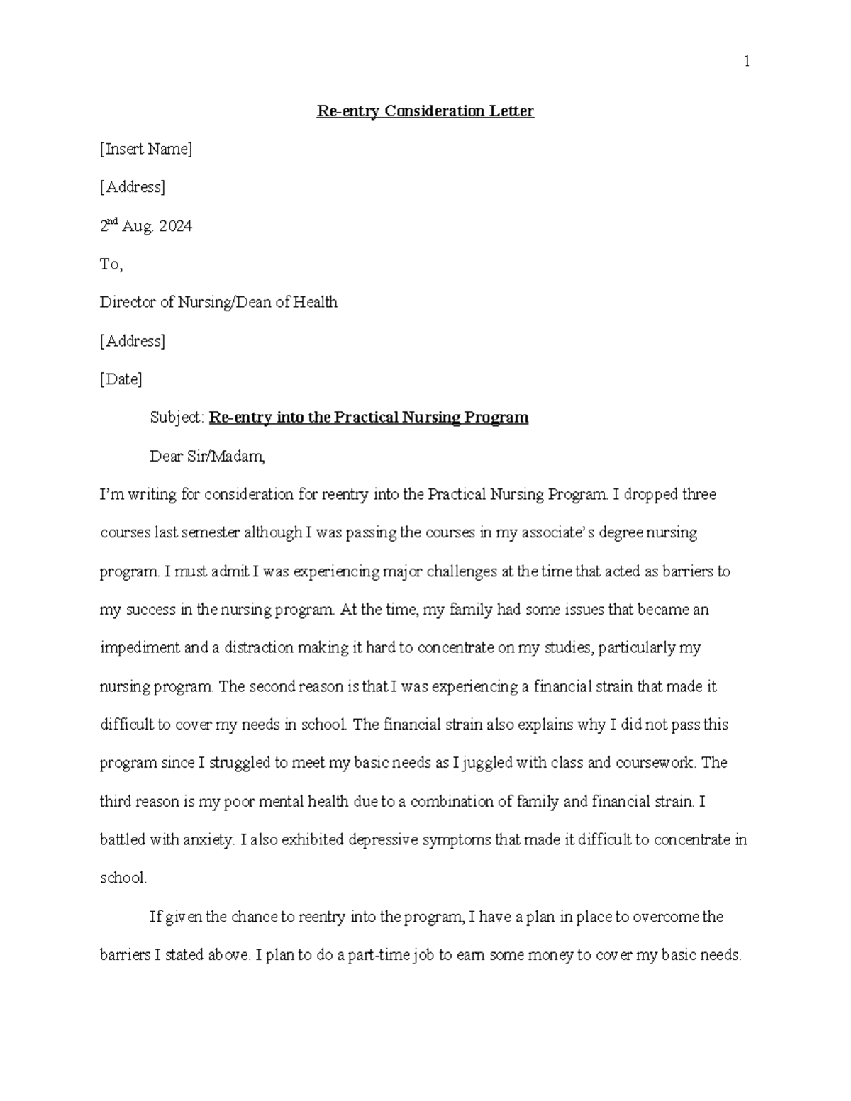 Reentry Consideration Letter for Practical Nursing Program - Aug 2024 ...