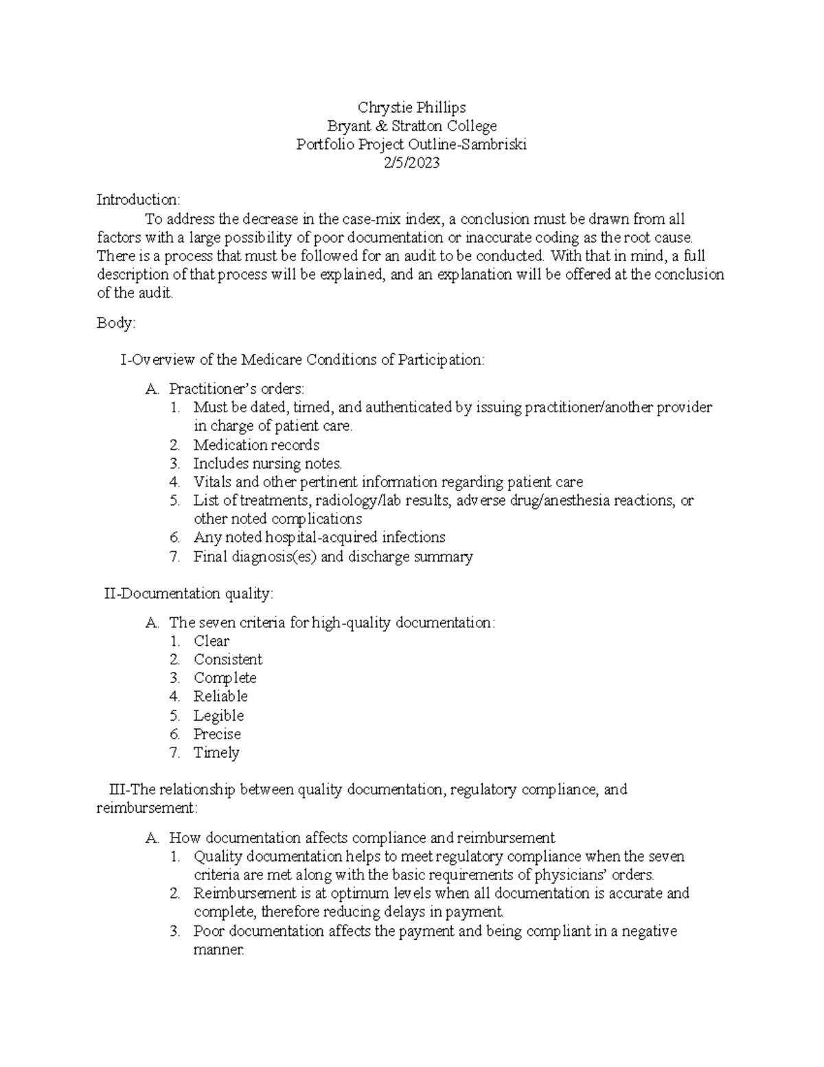 Portfolio Project Outline: Improving Documentation & CMI - Studocu