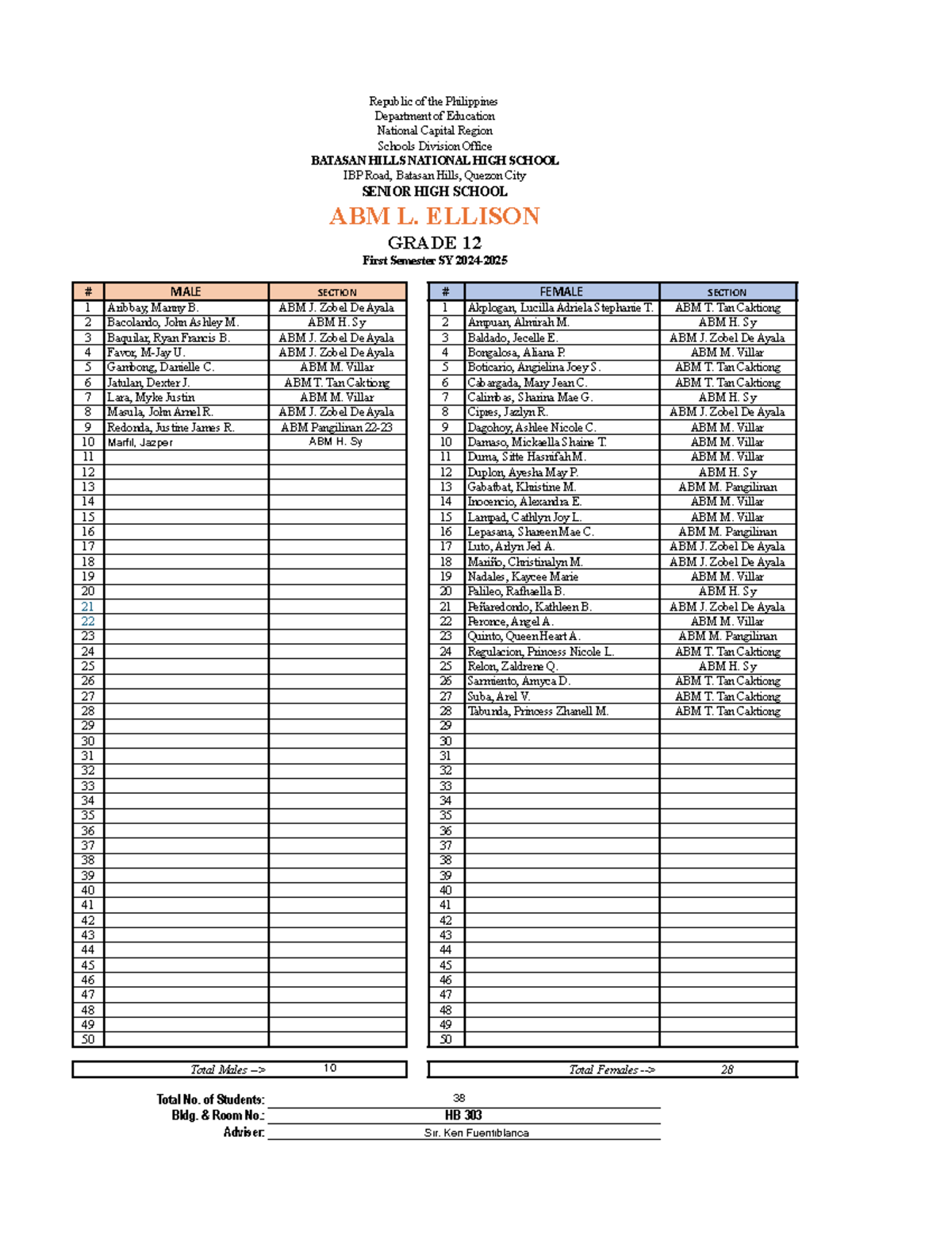 ABM G12 First Semester SY 2024 Student Masterlist at Batasan Hills ...
