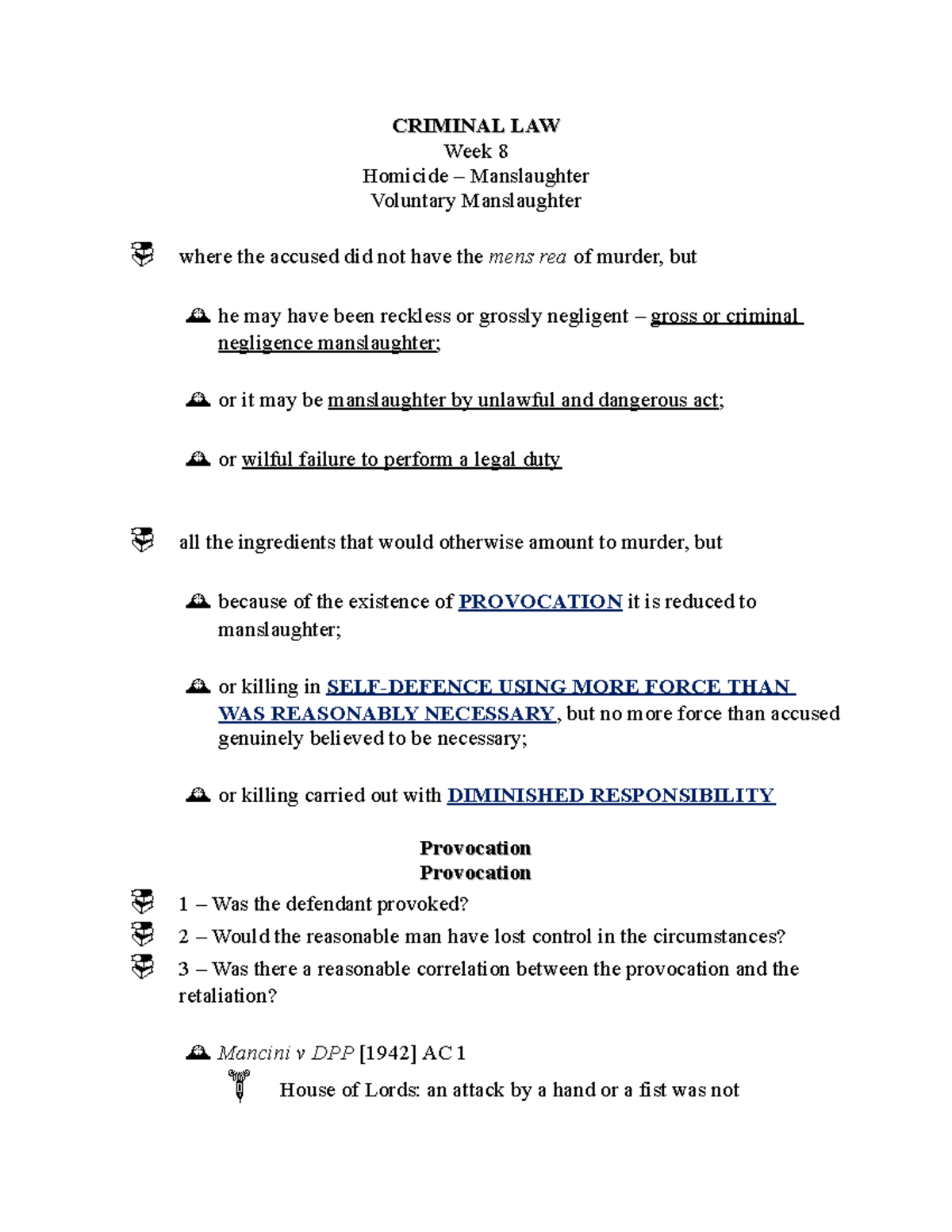 CRIM 101: Lecture Notes on Homicide & Provocation in Law - Studocu