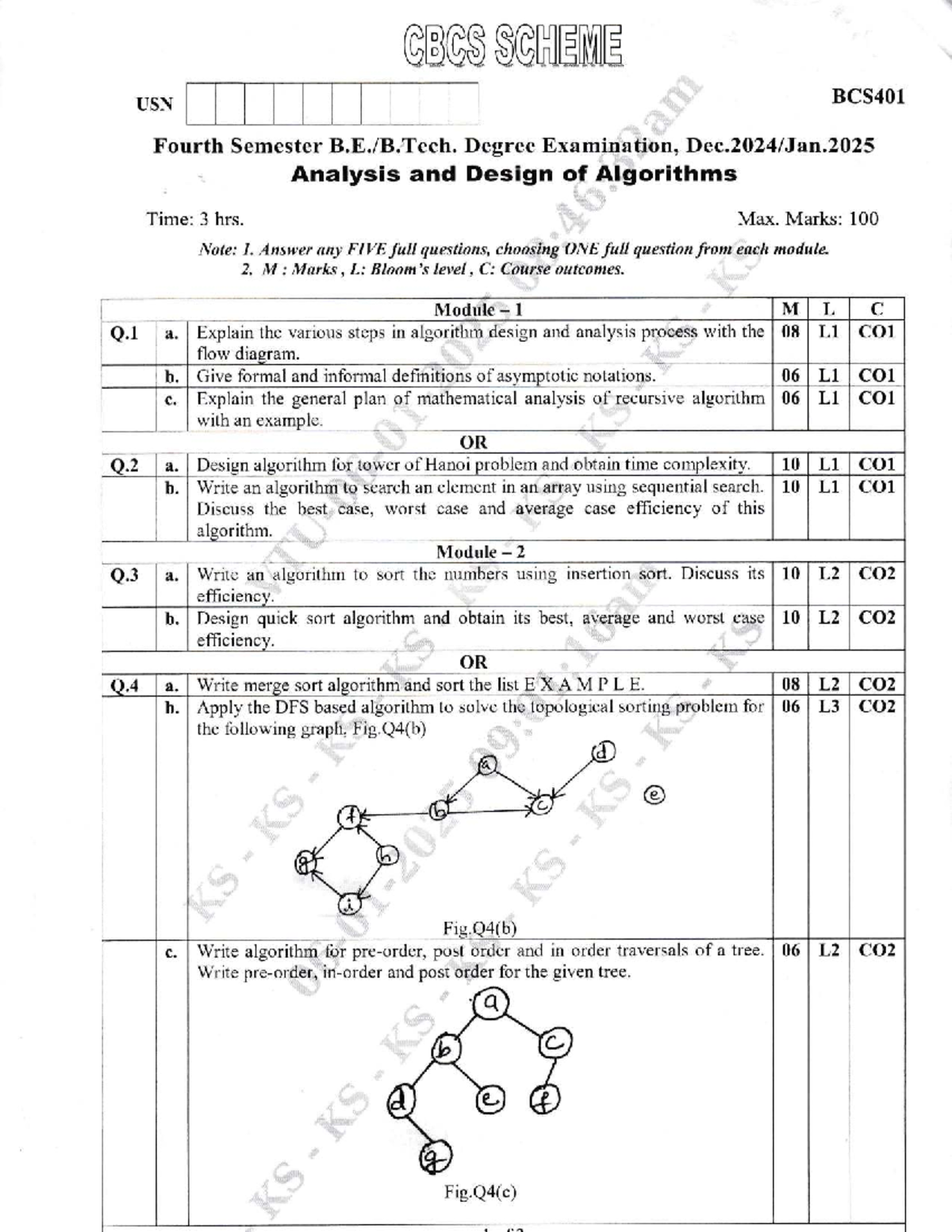USN BCS401 :: Fourth Semester Degree Exam: Analysis & Design of ...