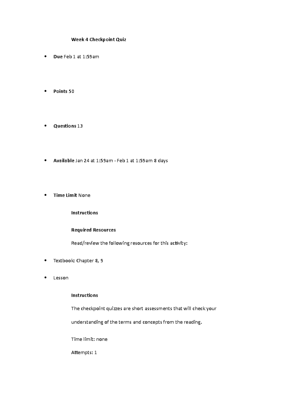 Week 4 Quiz (CH 8-9) with Answers and Grading Summary - Studocu