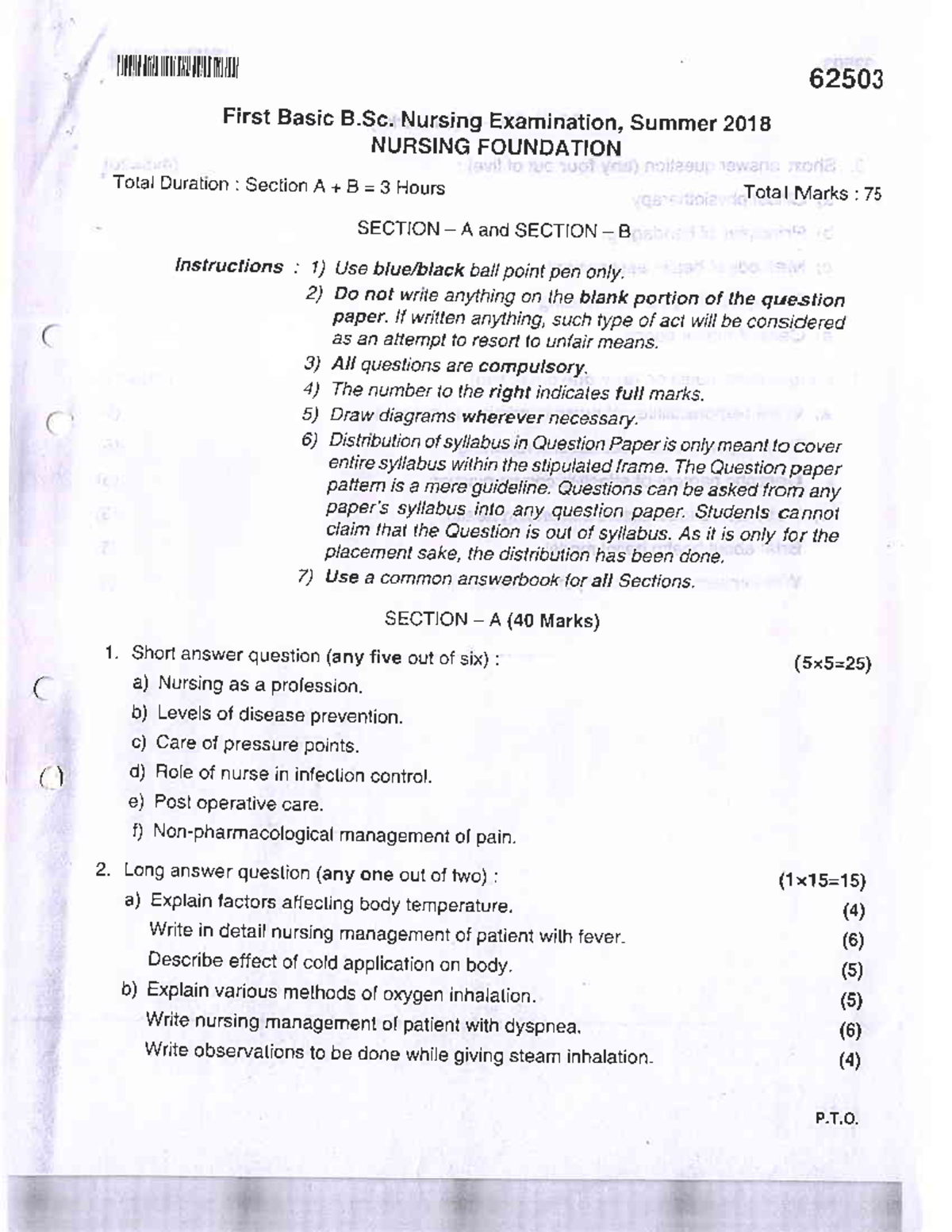 NURSING FOUNDATION 62503 - B.Sc. Nursing Question Paper Summer 2018 ...