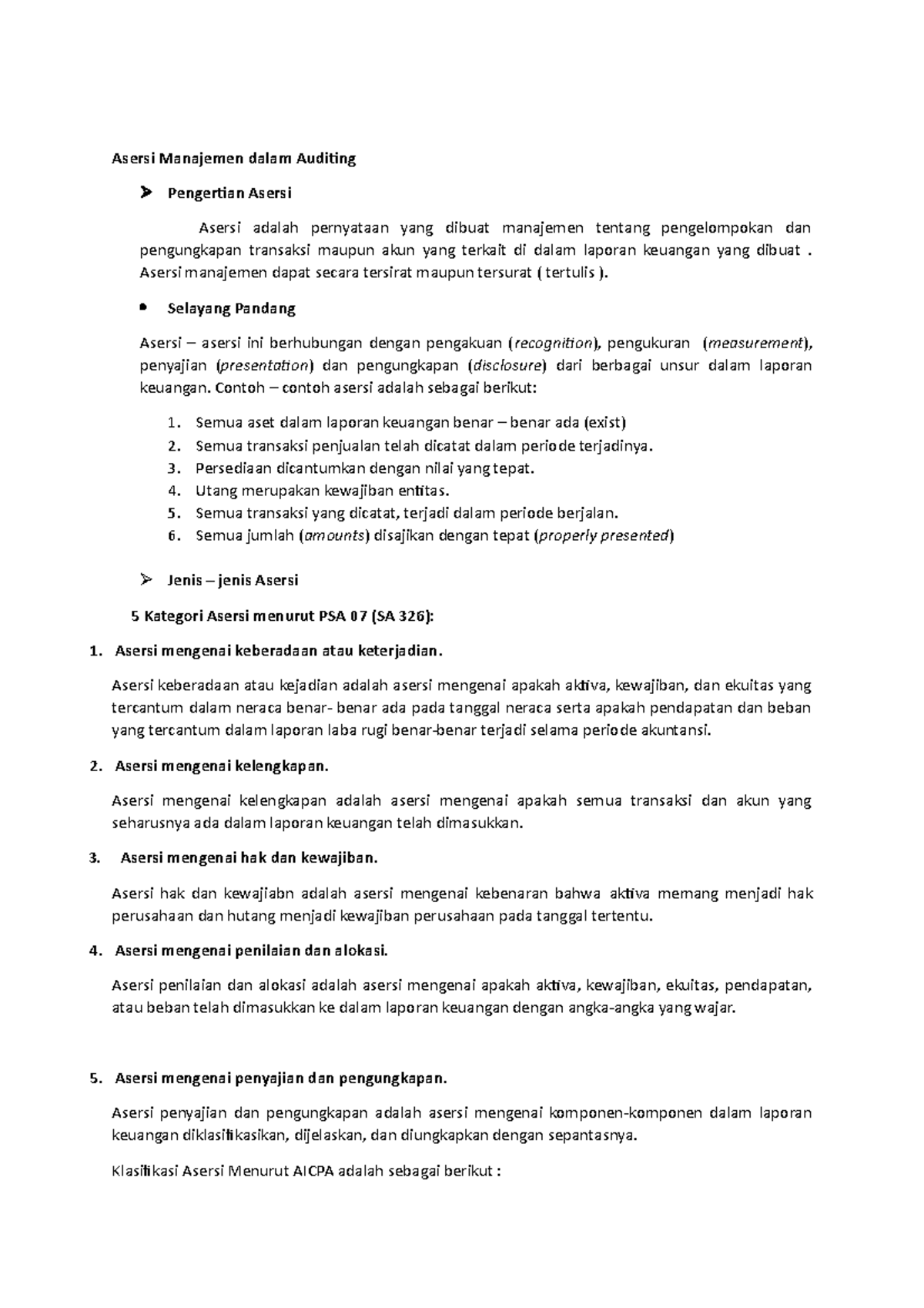 Asersi Manajemen dalam Auditing: Pentingnya dan Kategorinya - Studocu