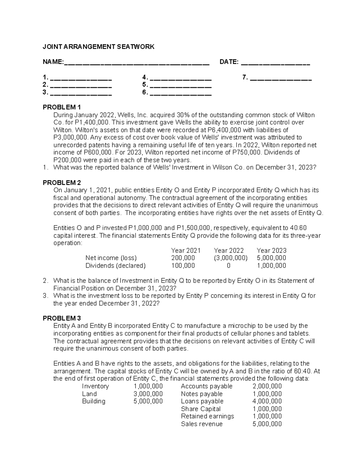Joint Arrangement Seatwork Problems & Solutions (2023) - Studocu