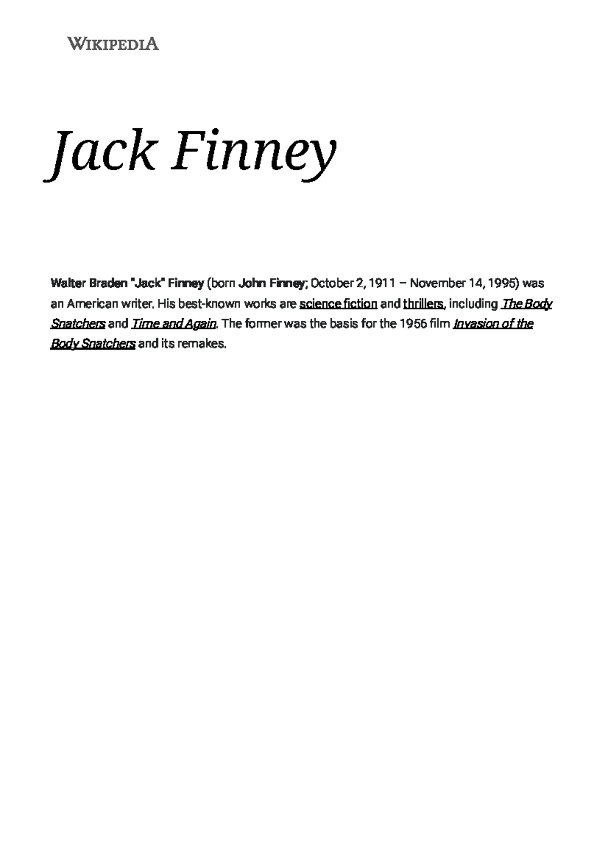 Jack Finney: Life and Works of the Iconic Sci-Fi Author - Studocu