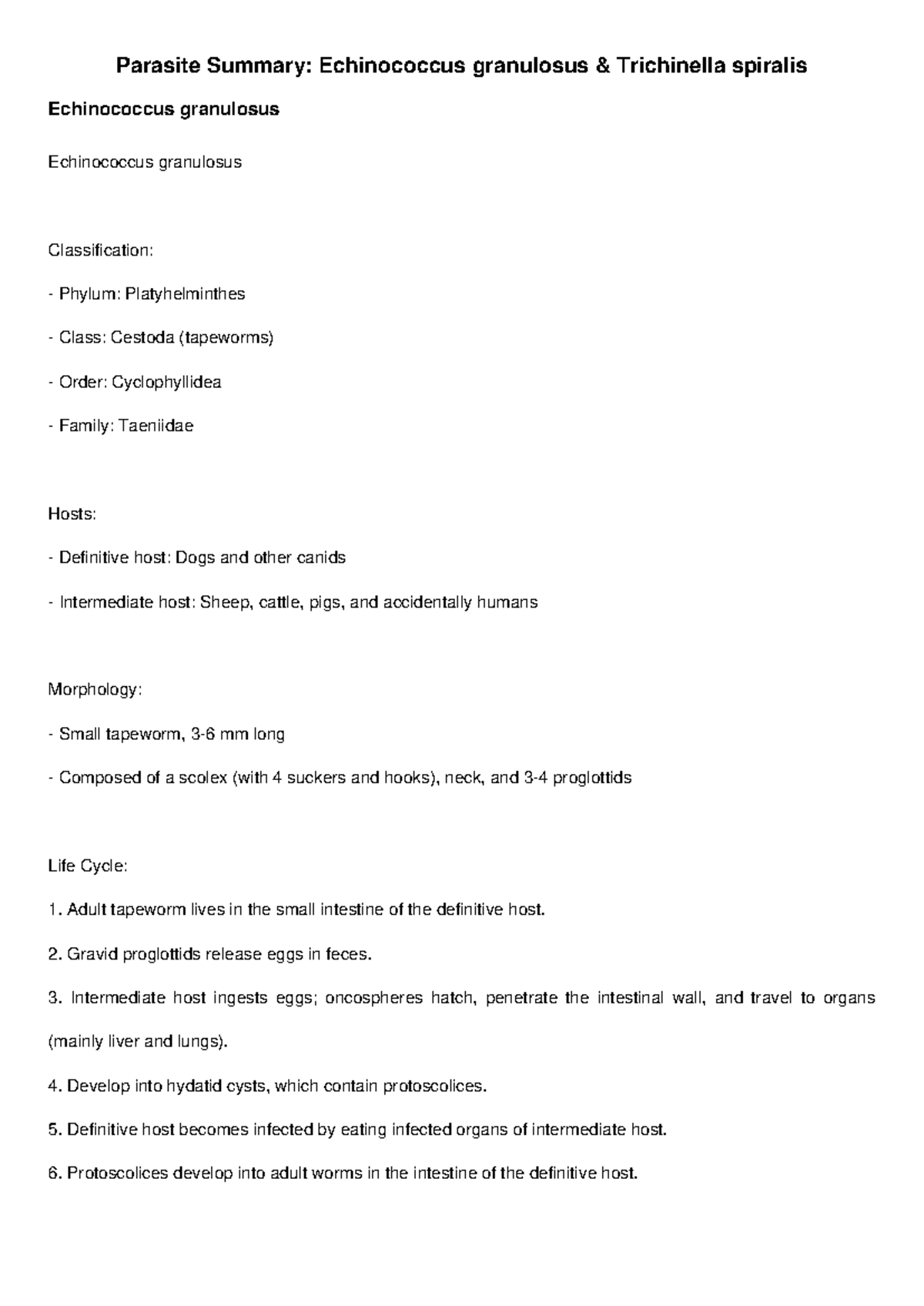 Parasite Summary: Echinococcus granulosus & Trichinella spiralis - Studocu