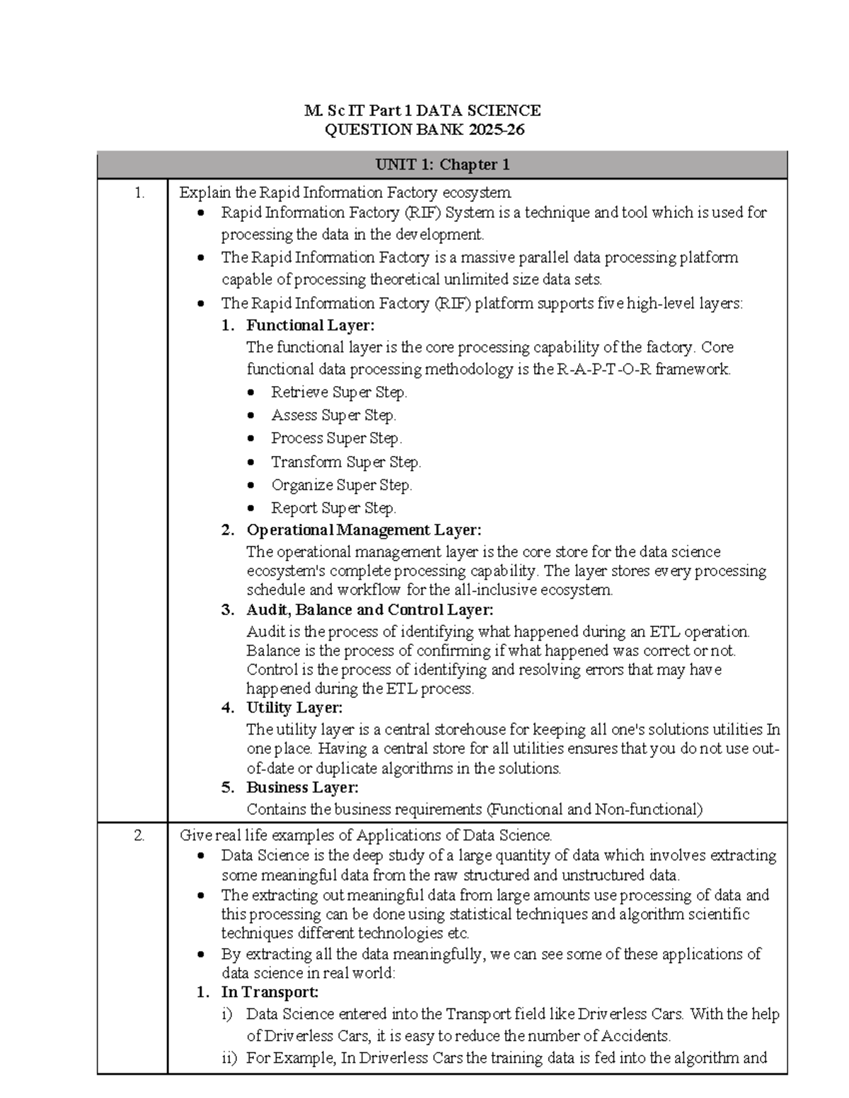 M. Sc IT Part 1 Data Science Question Bank - Unit 1 Overview - Studocu