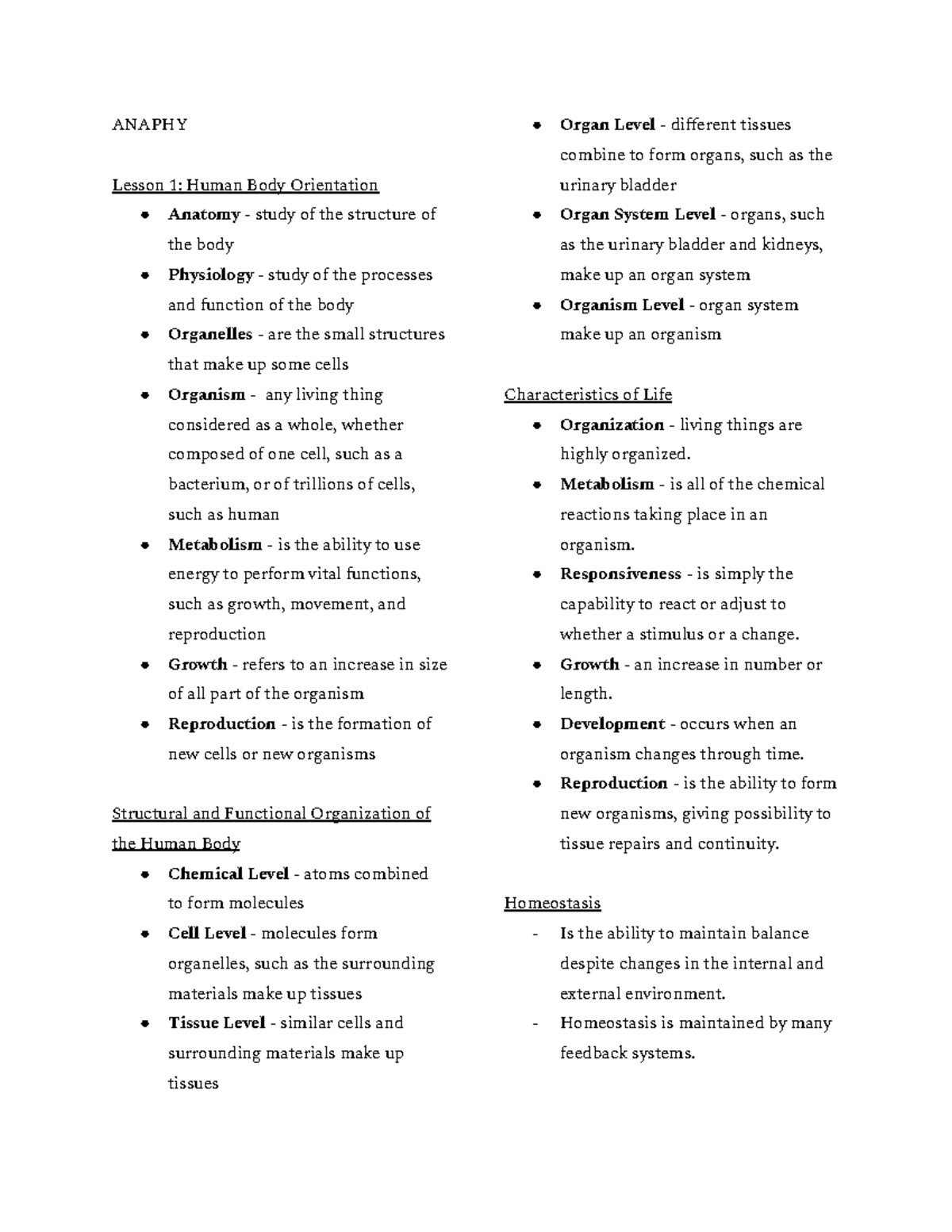 ANAPHY 101: Prelims Reviewer on Human Body Structure and Function - Studocu