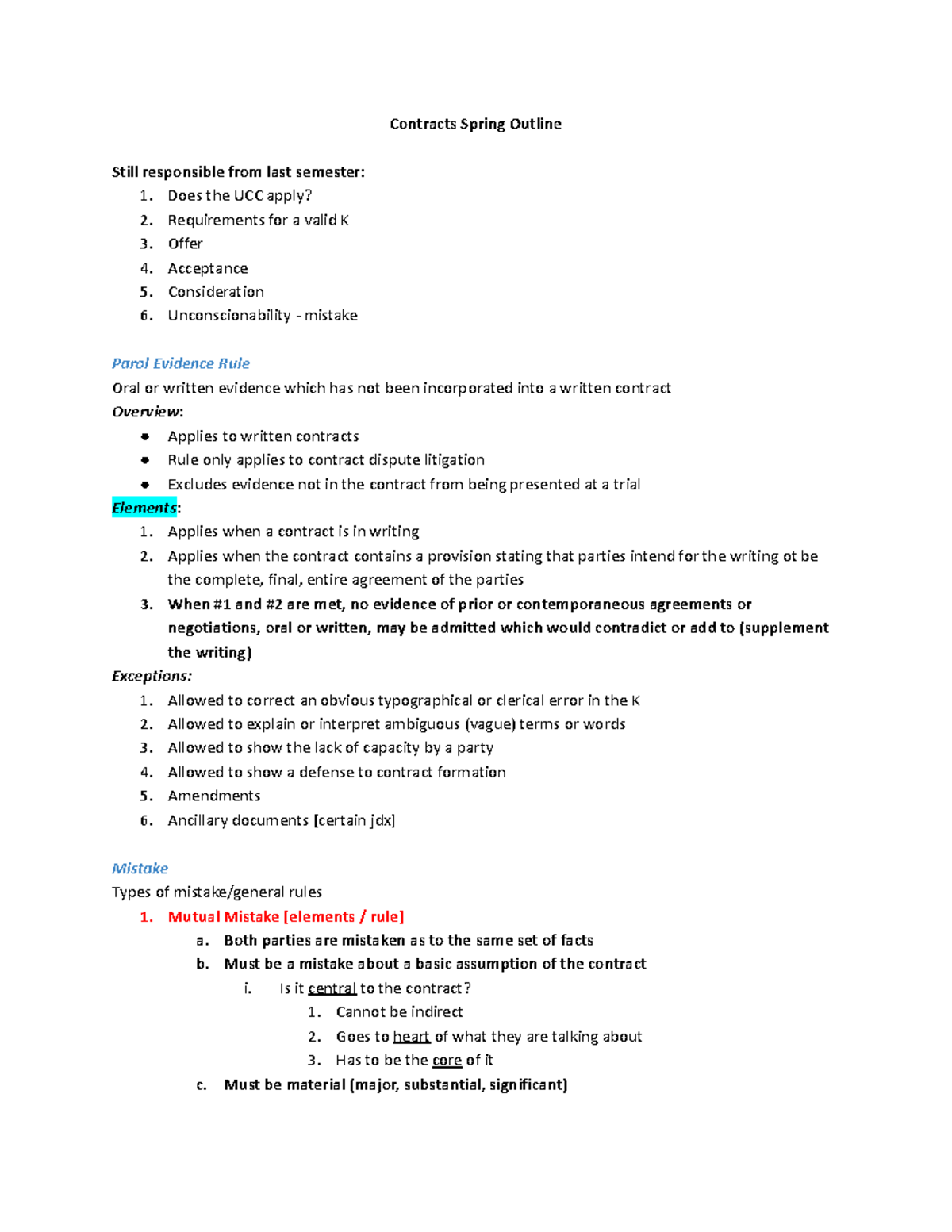 Contracts (LAW 101) Spring Outline: Key Concepts and Principles - Studocu