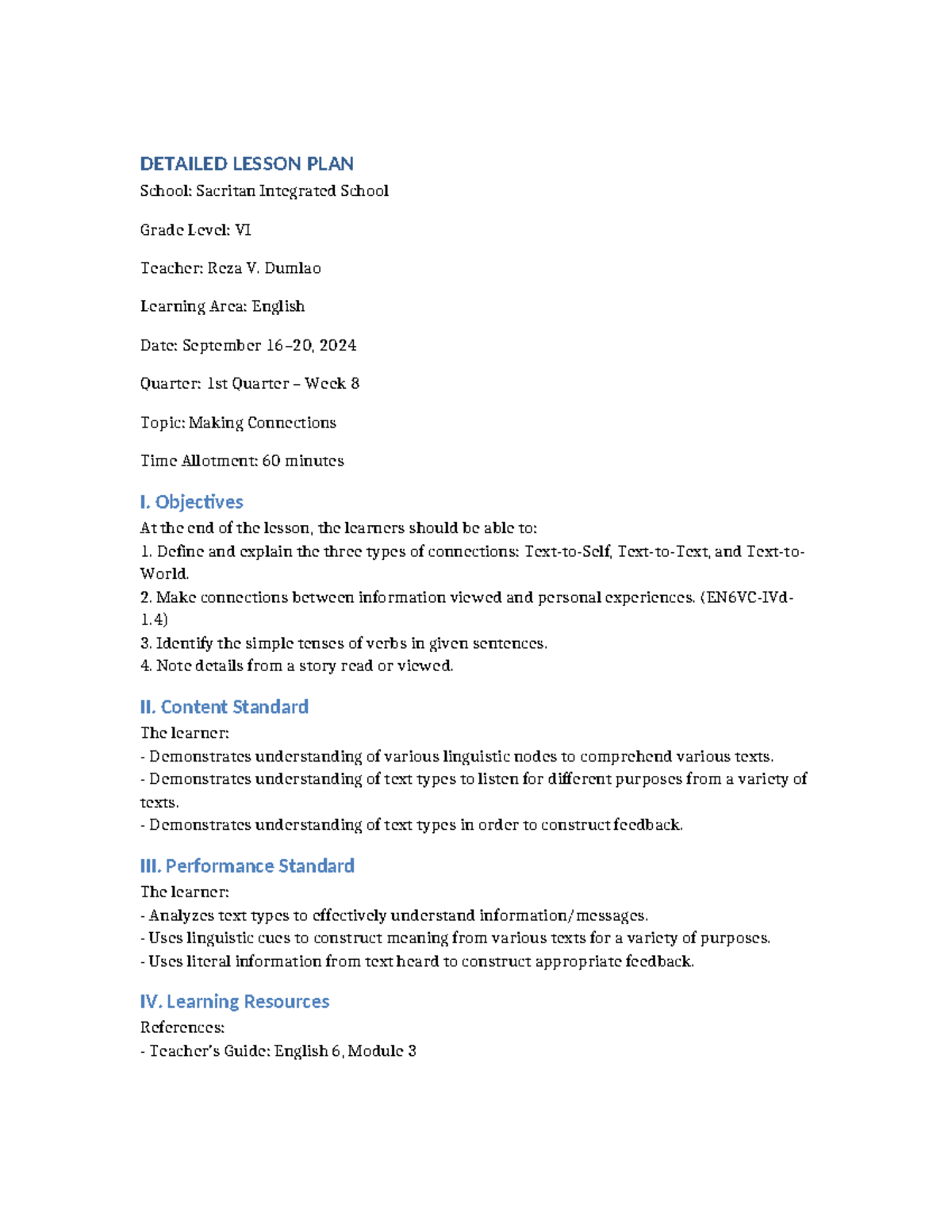 Detailed Lesson Plan: Making Connections (Grade VI, English) - Studocu