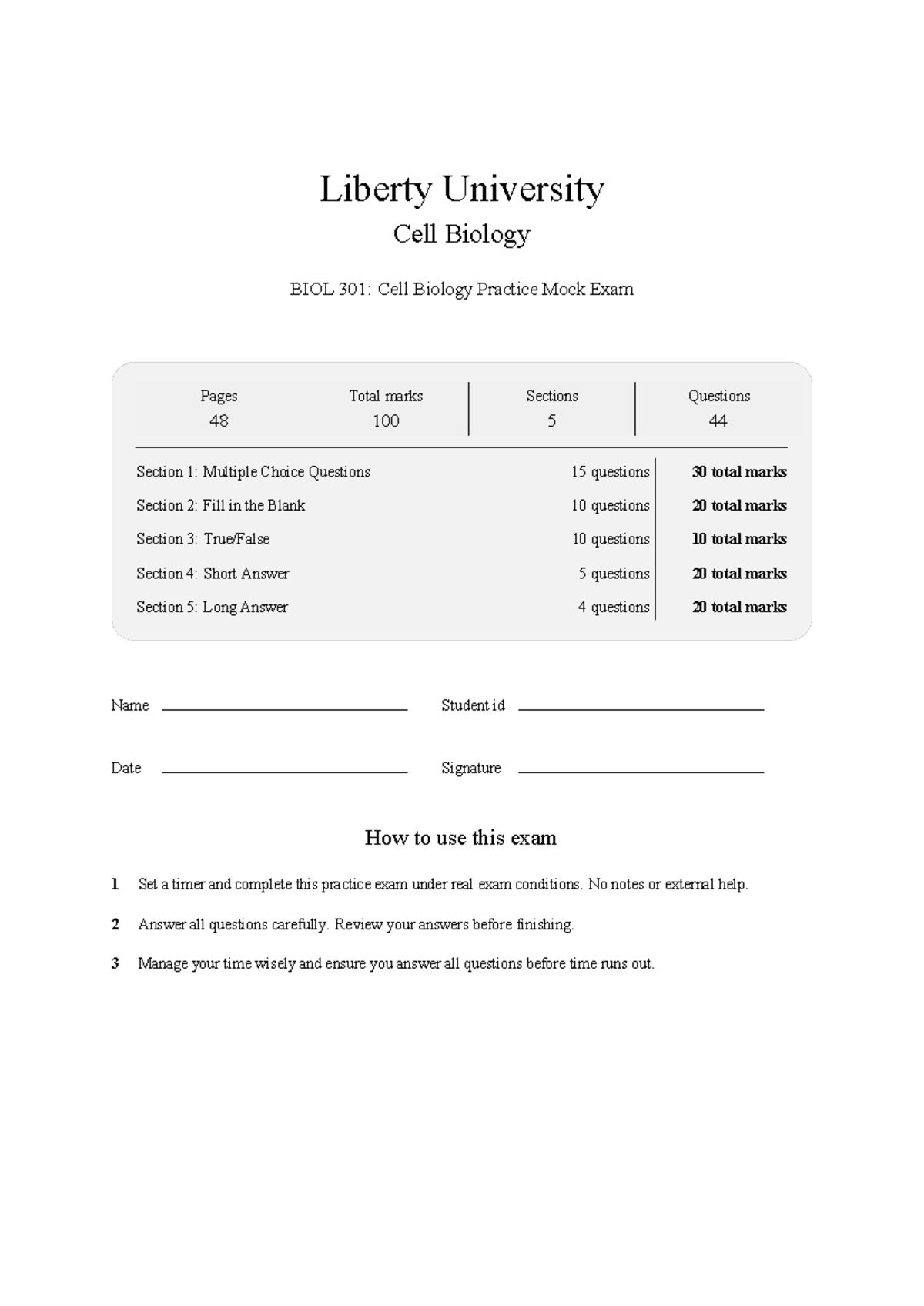 BIOL 301 Cell Biology: Practice Mock Exam Guide 2026 - Studocu