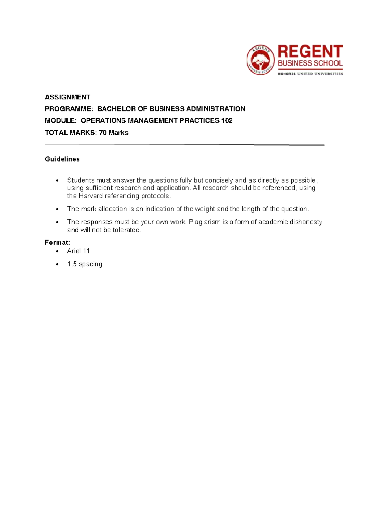 BBA Operations Management Practices 102 - Assignment Guidelines and ...