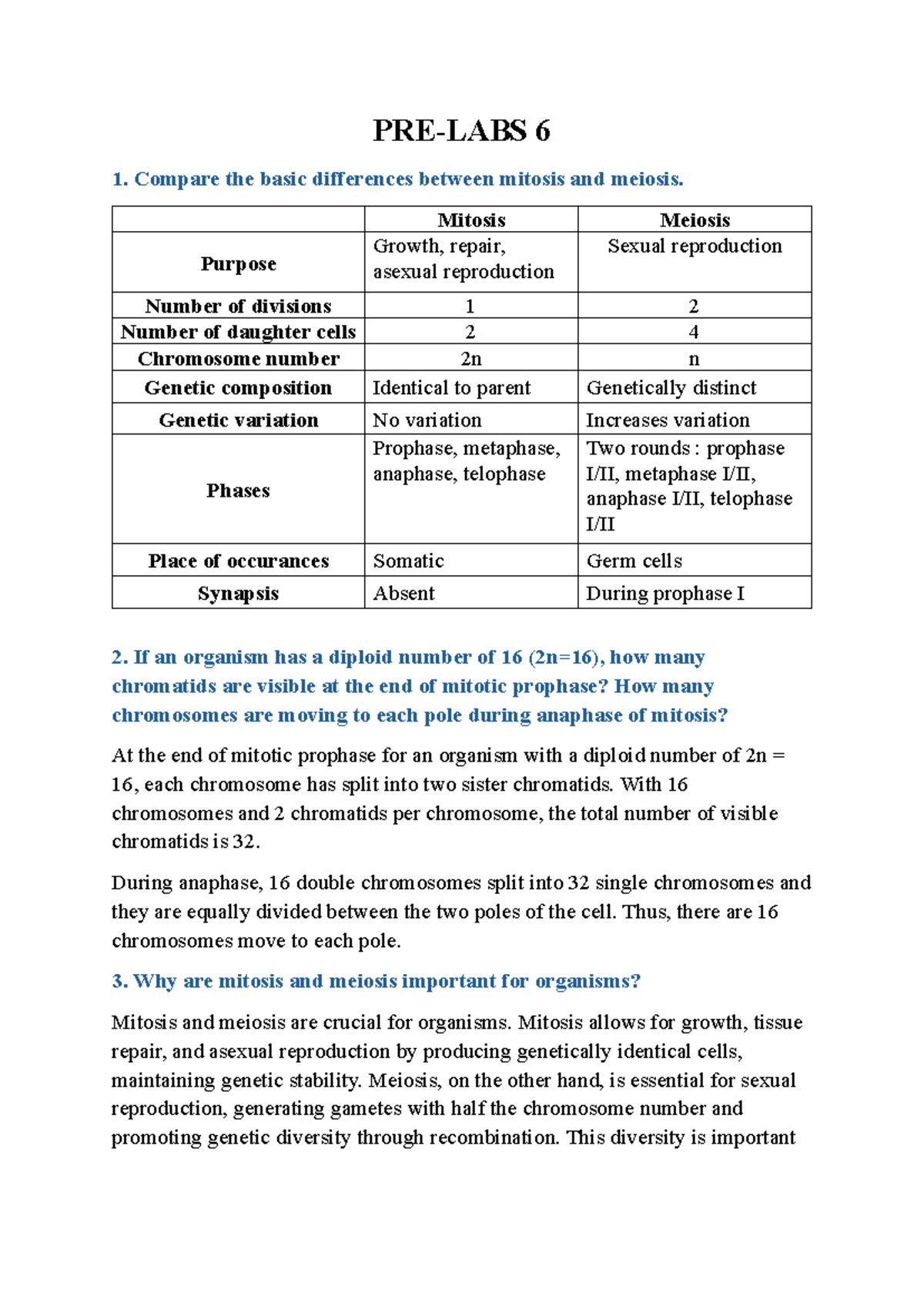 PRE-LABS 6 - Practical 6: Mitosis vs Meiosis Overview and Comparison ...