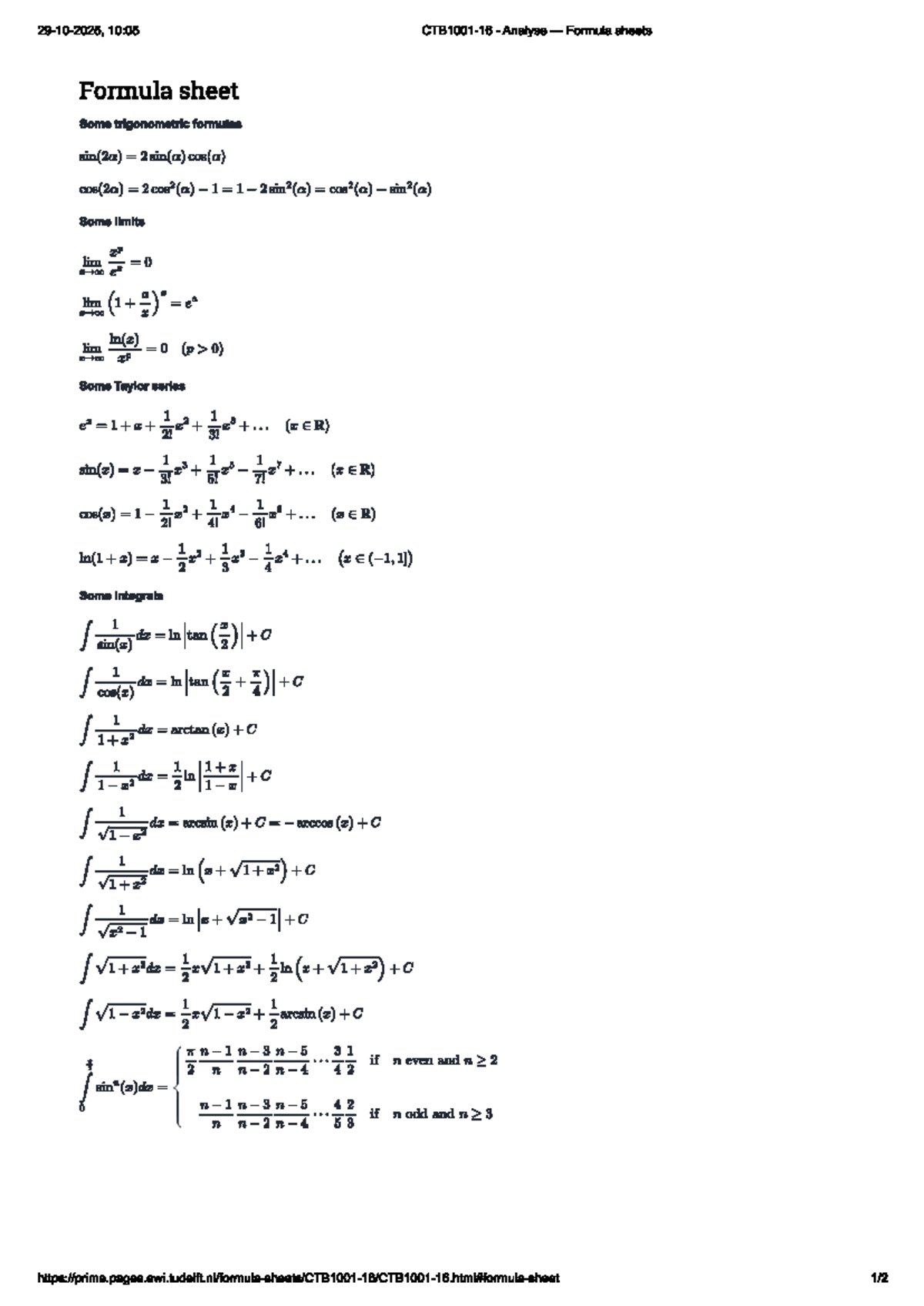 CTB1001-16 - Trigonometric & Integral Formula Sheet - Studeersnel