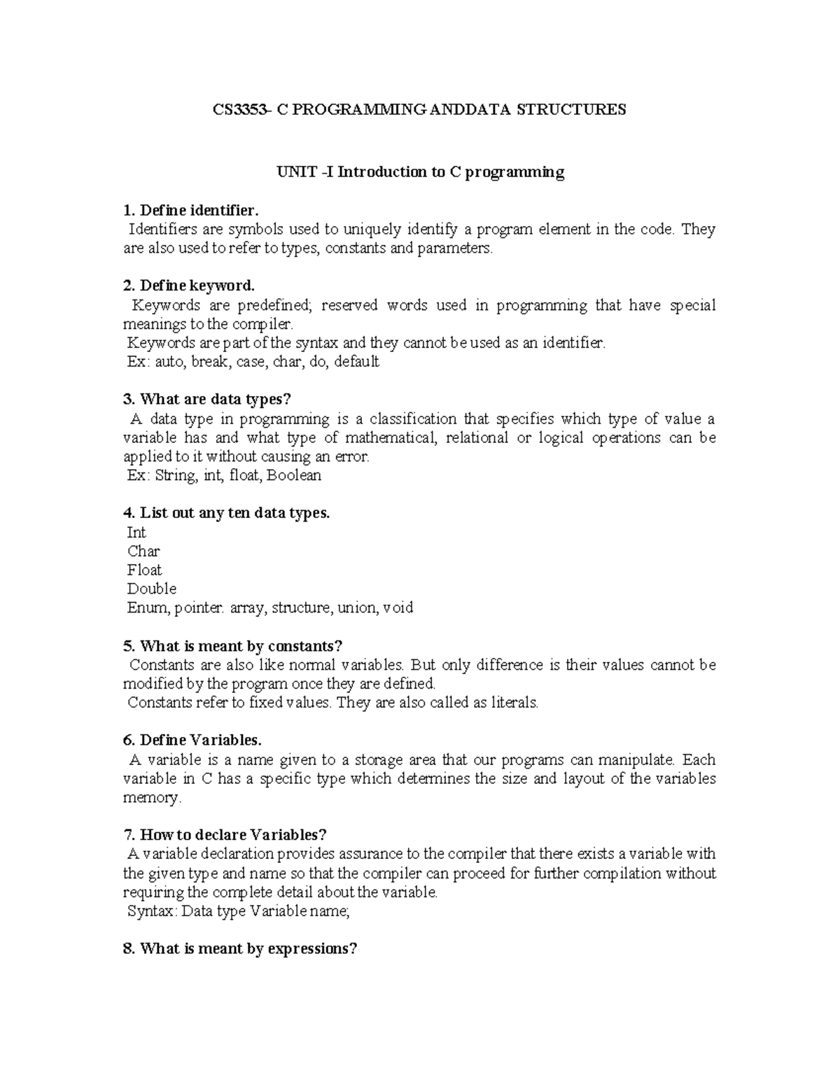 CS3353 Data Structures Unit 2 Marks: C Programming Concepts - Studocu