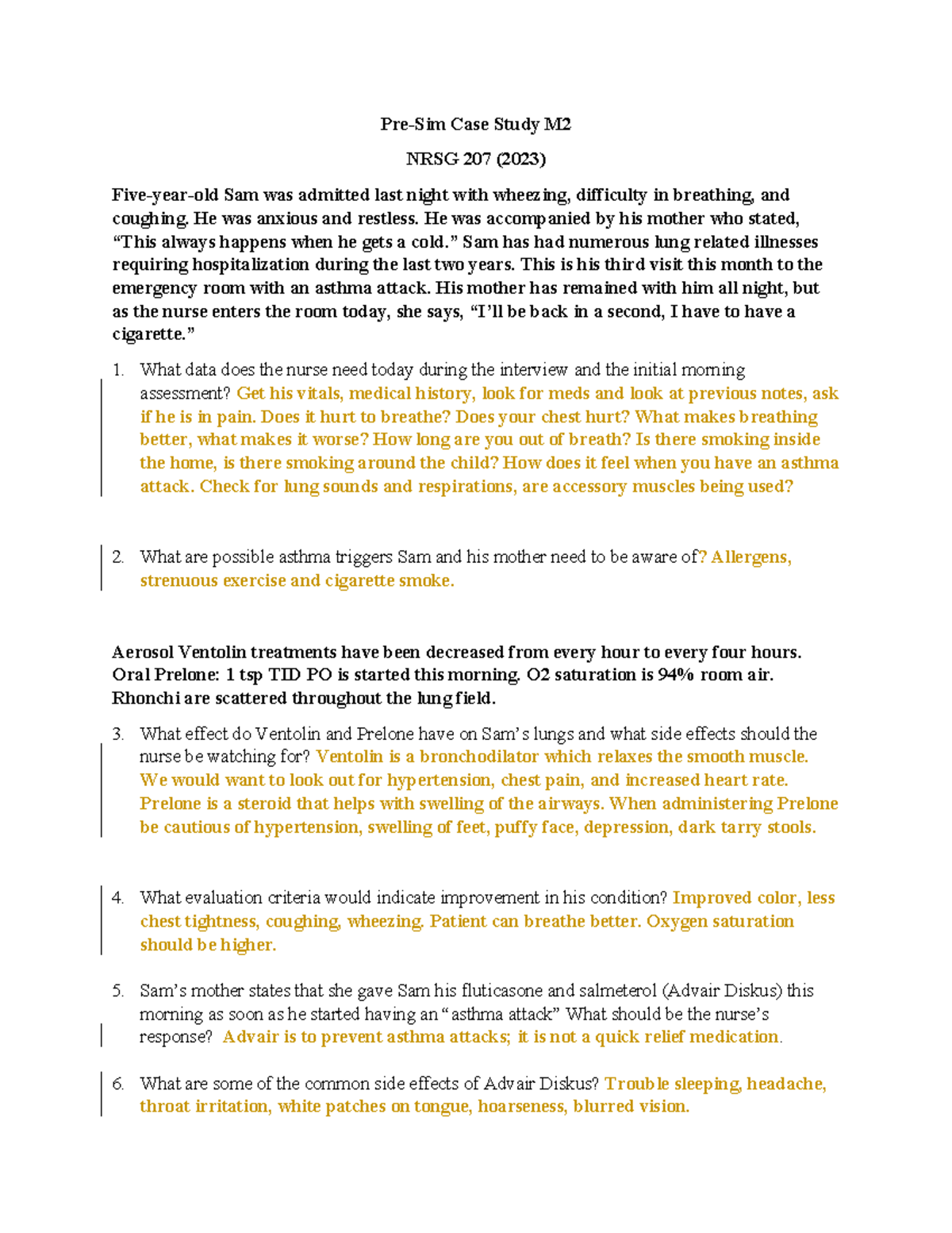 Asthma Pre Sim Case Study - Pre-Sim Case Study M NRSG 207 (2023) Five ...