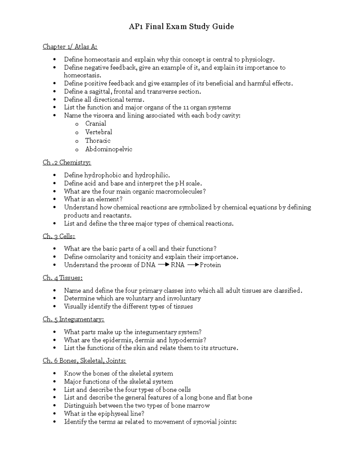 AP1 Final Exam Study Guide: Homeostasis, Chemistry, Cells & Tissues ...