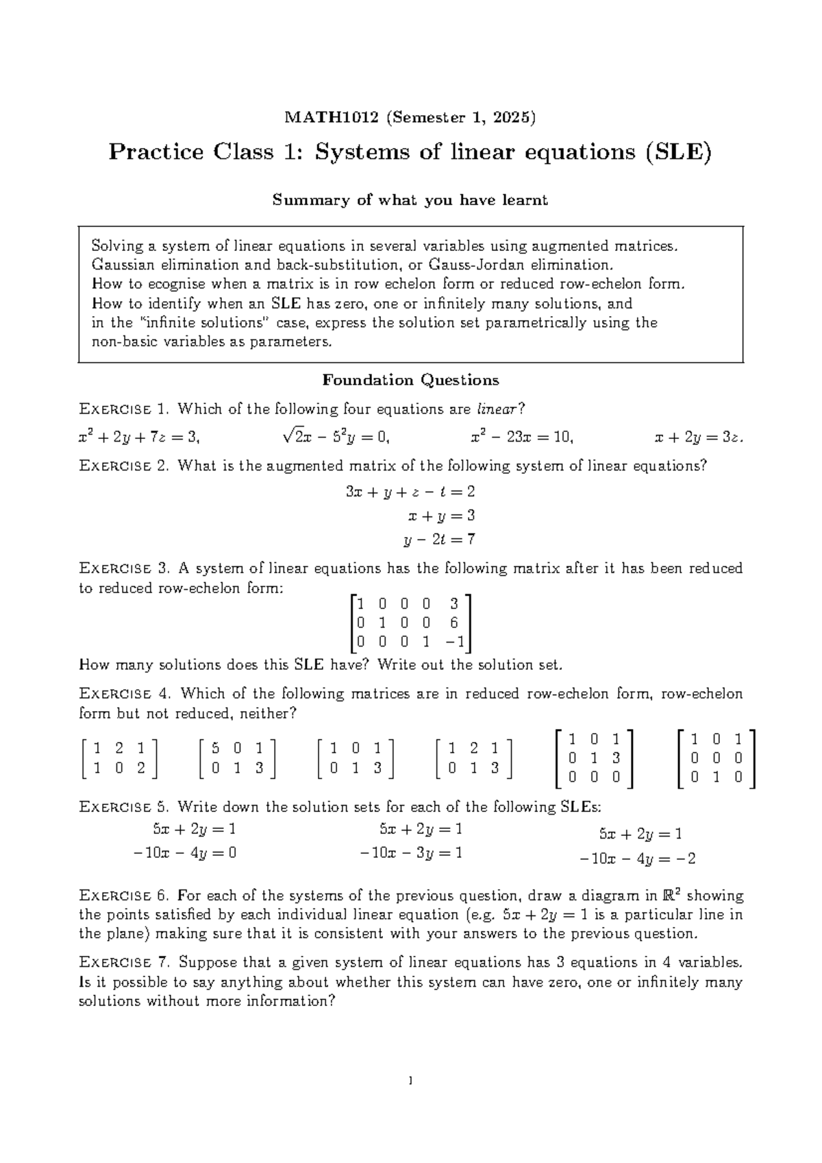 MATH1012 Semester 1, 2025: Summary of Systems of Linear Equations - Studocu