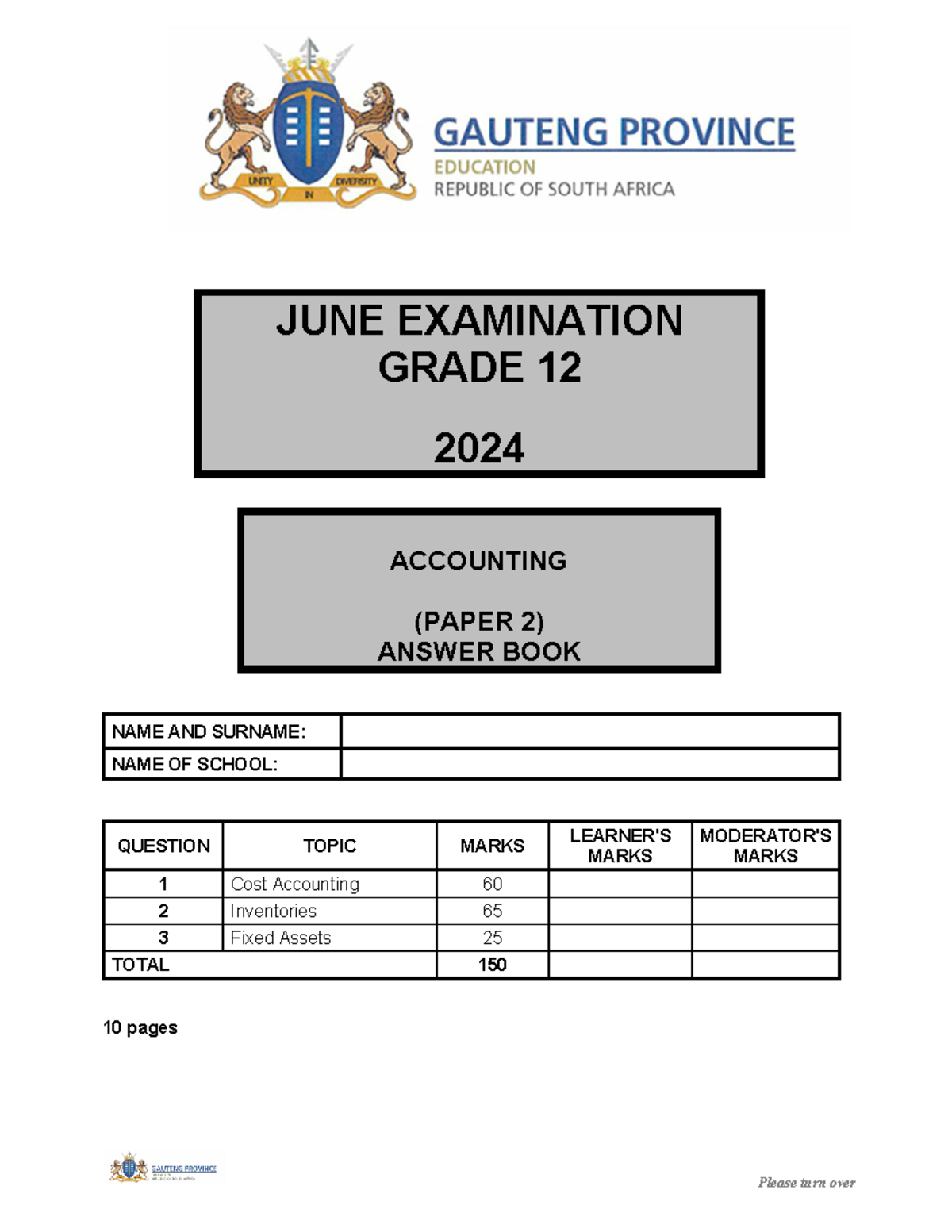 Gr 12 Accounting P2 June Exam Answer Book 2024 - Studocu