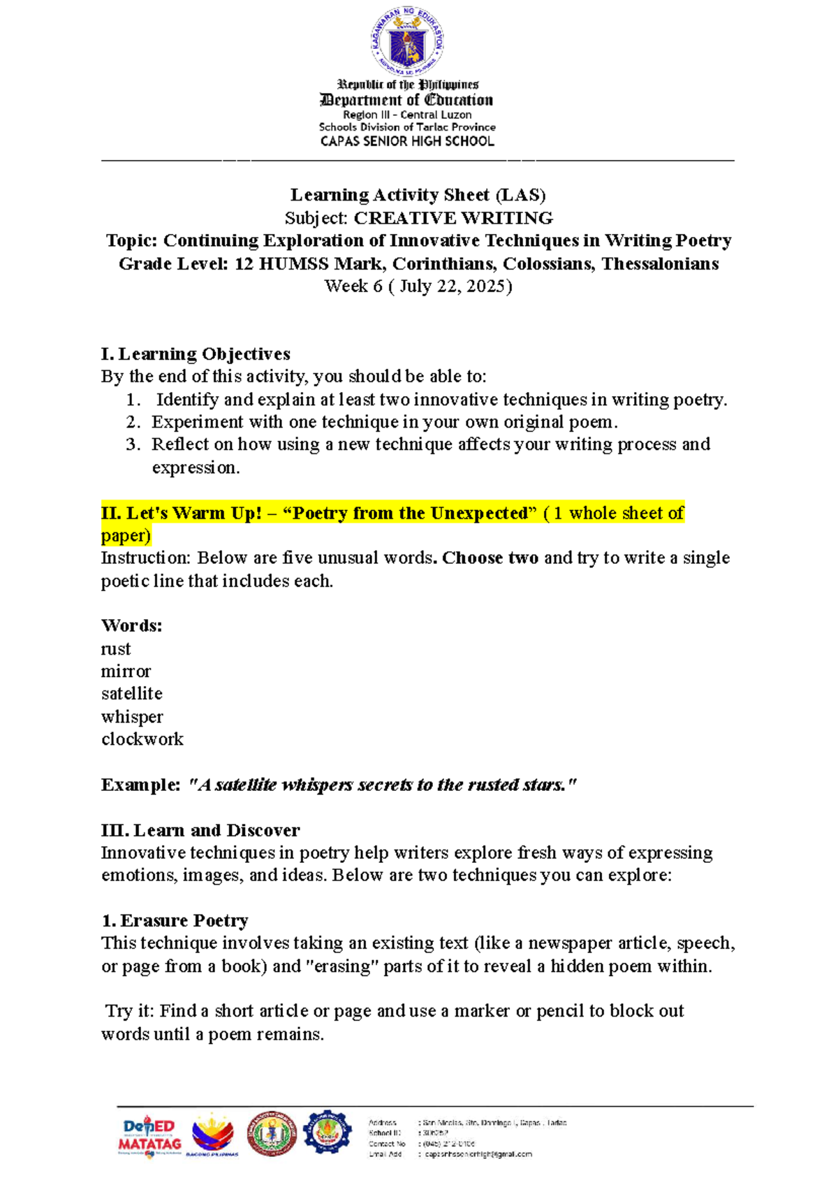 LAS: Creative Writing - Innovative Poetry Techniques (Grade 12 HUMSS ...