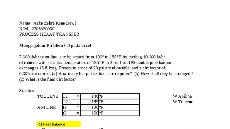 Process Heat Transfer Problem 6.6 Analysis - Azka Zahra Rana Dewi - Studocu