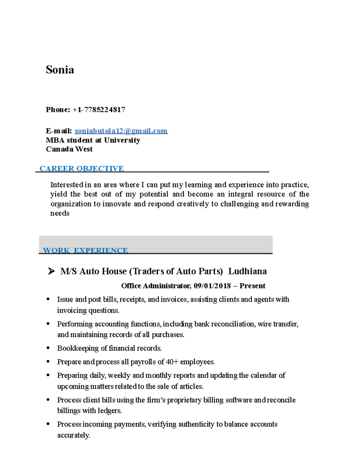 Sonia Resume - Hijdjcvkvlbv - Sonia Phone: +1- E-mail: soniabutola12 ...