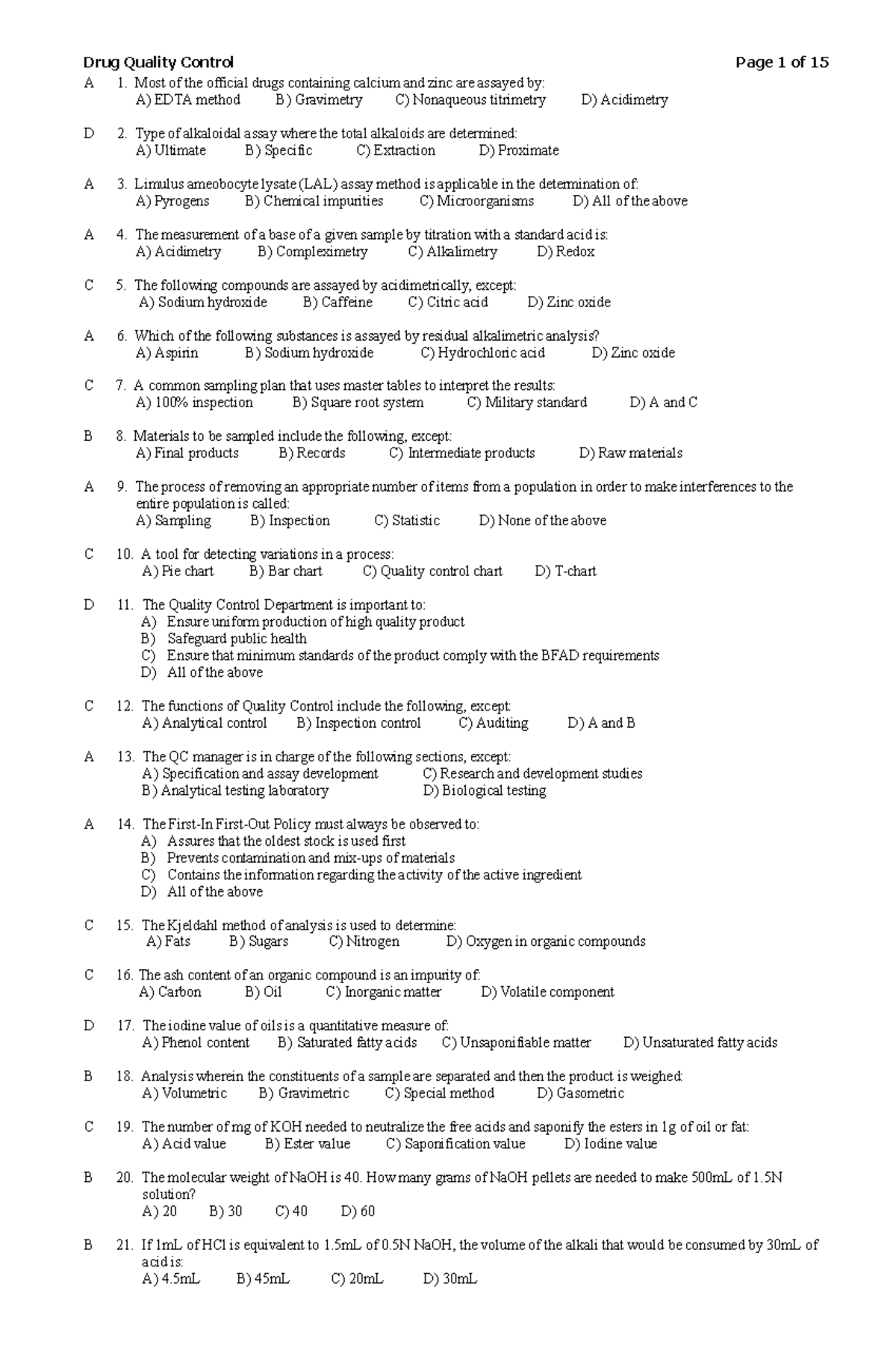 Quality Control Quiz - PACOP Reviewer on Analysis Methods - Studocu