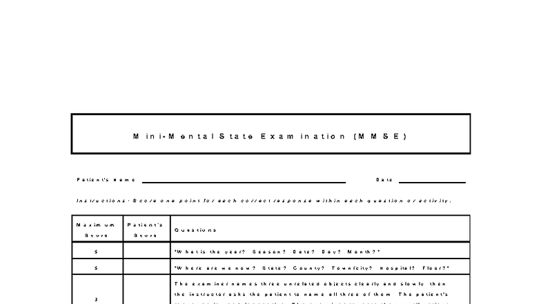MMSE State Examination Instructions and Scoring Guide - Studocu