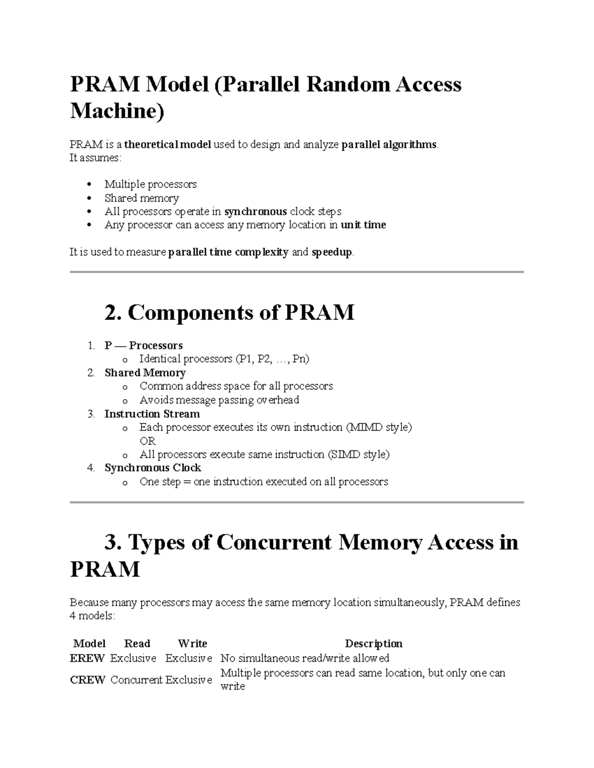 PRAM Model: Analyzing Parallel Algorithms and Memory Access Types - Studocu