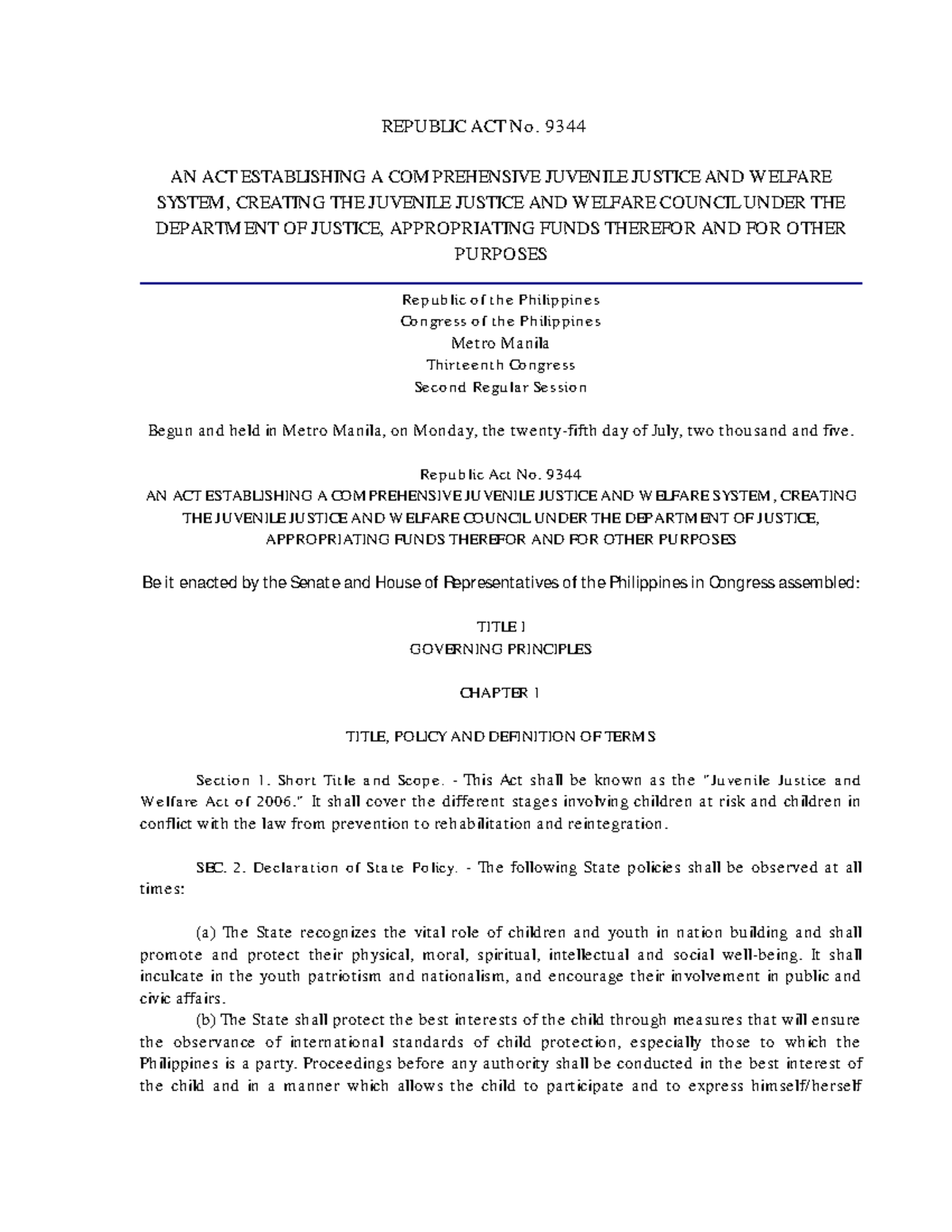 juvenile justice - REPUBLIC ACT No. 9344 AN ACT ESTABLISHING A ...