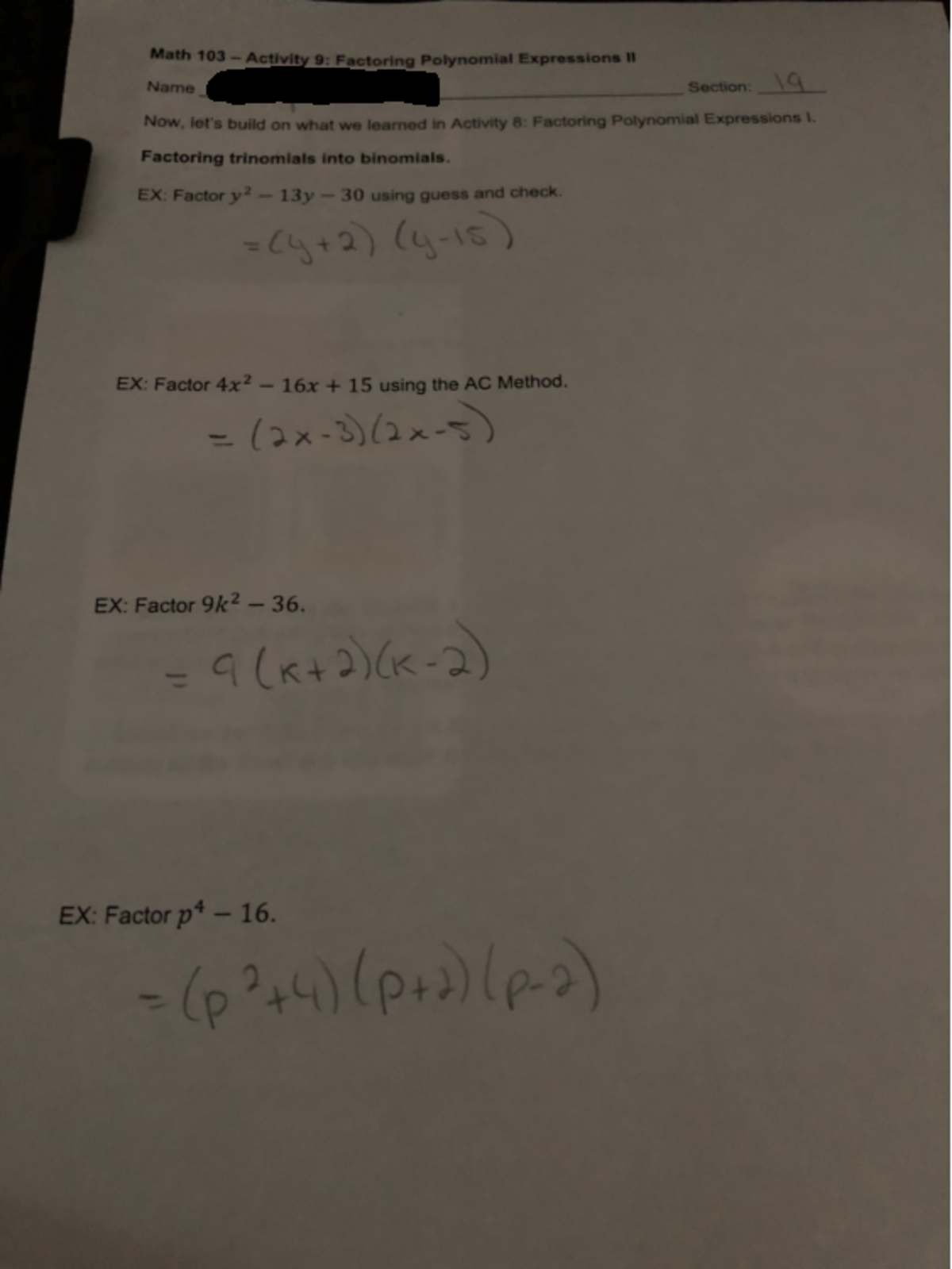 Activity 9: Advanced Techniques in Factoring Polynomials II - Studocu
