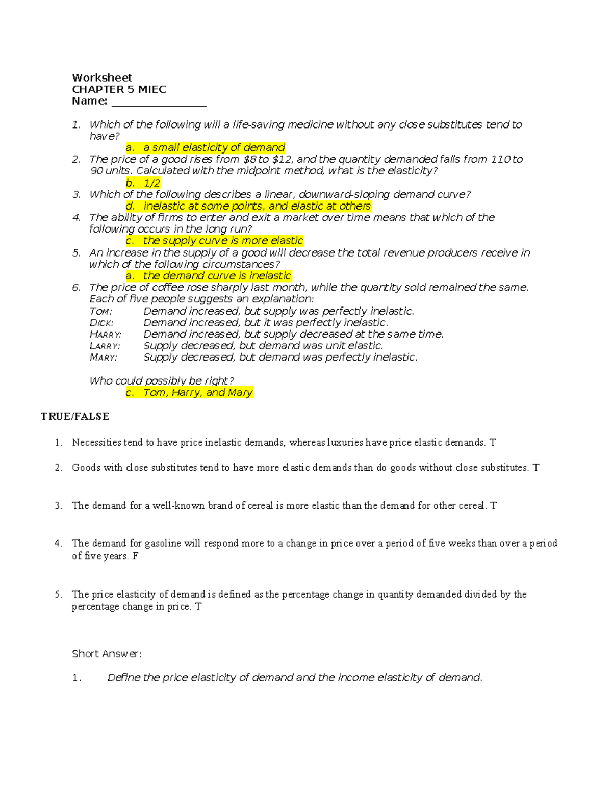 MIEC Worksheet: Chapter 5 Elasticity Concepts and Calculations - Studocu