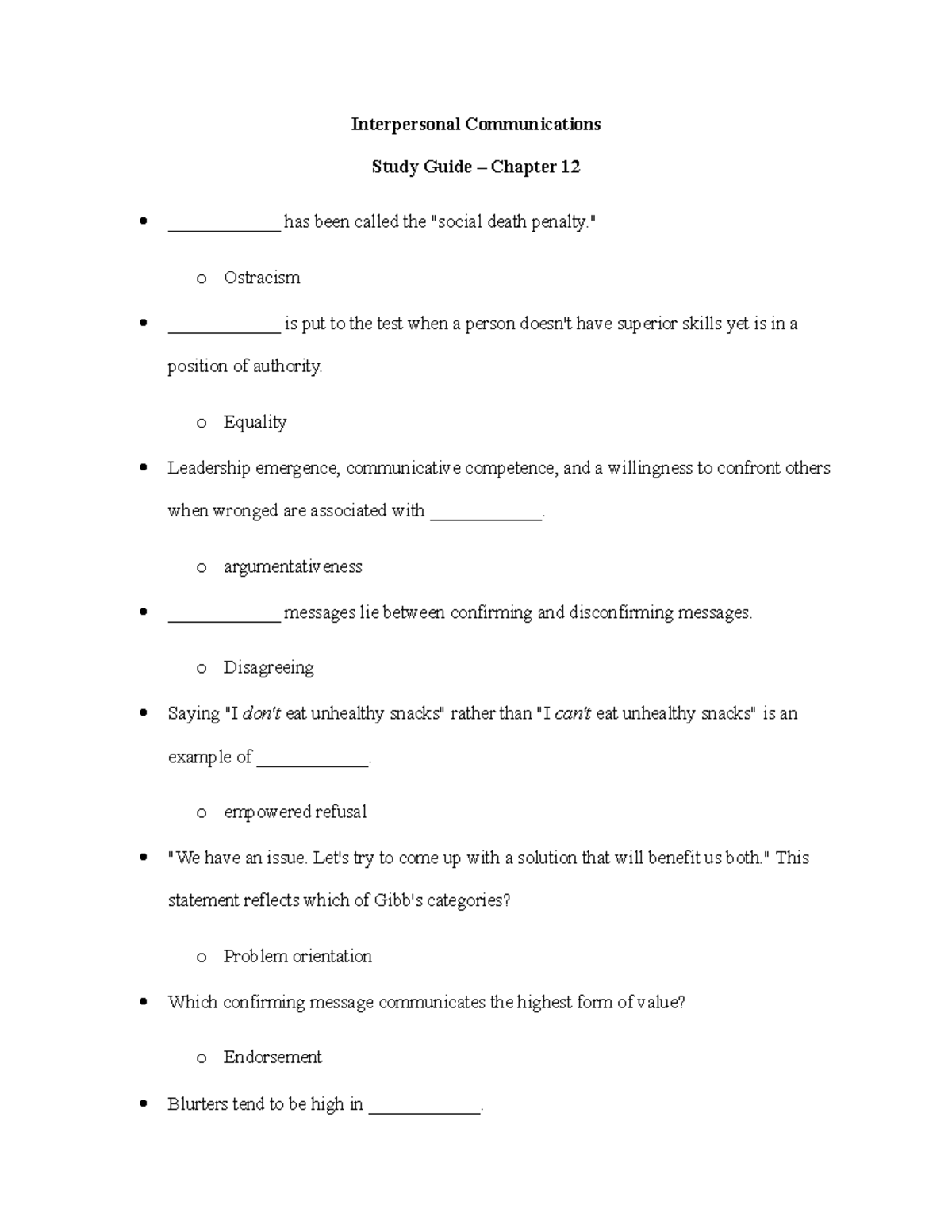 Interpersonal Communications Chapter 12 Study Guide Notes Studocu