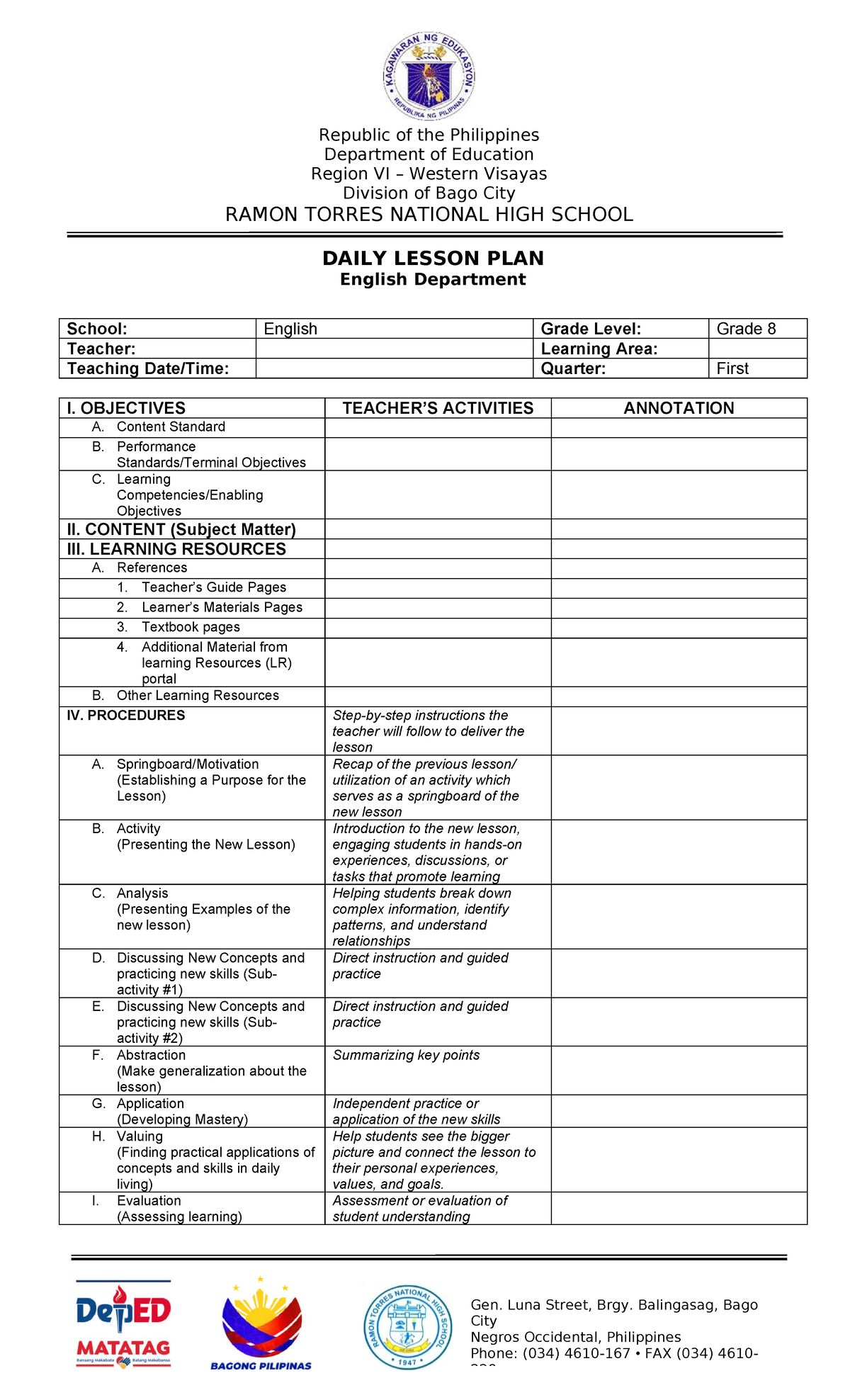 Sample Daily Lesson Plan (DLL) for Grade 8 English - Opening of School ...
