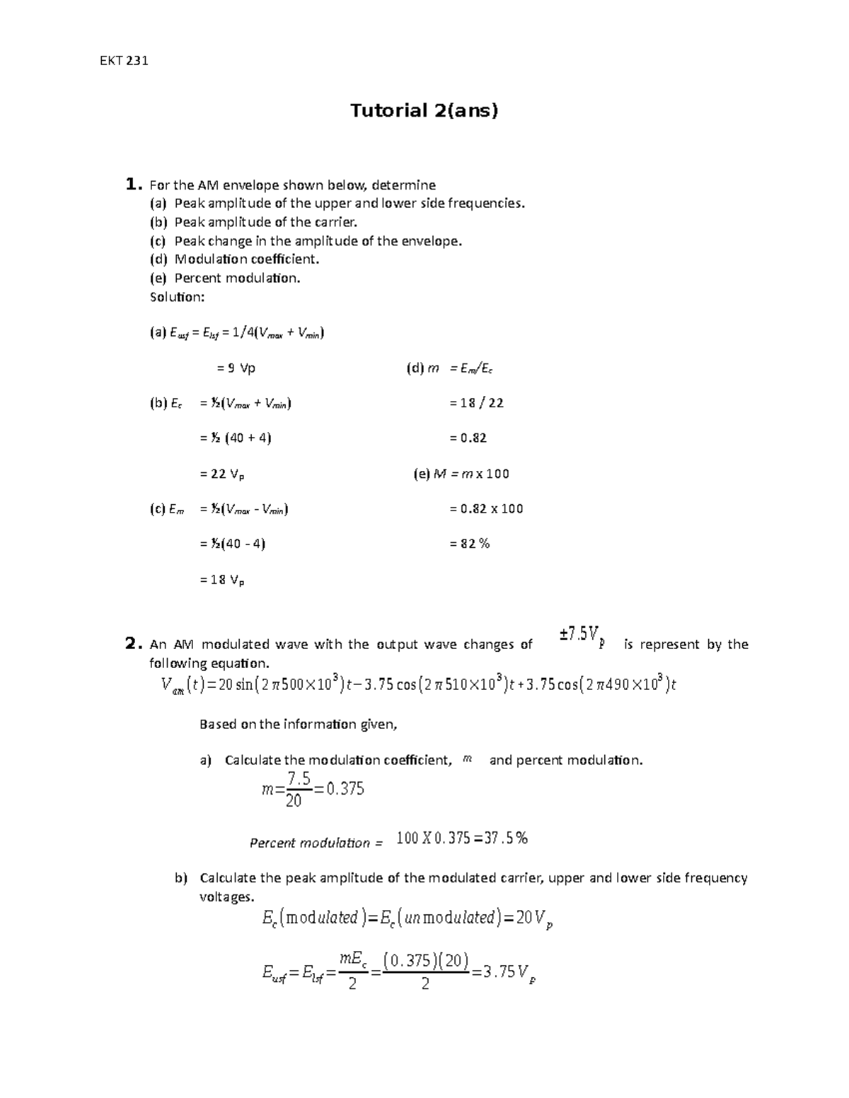 Tutorial 2 Answers - AM Modulation Concepts and Problem Solutions - Studocu