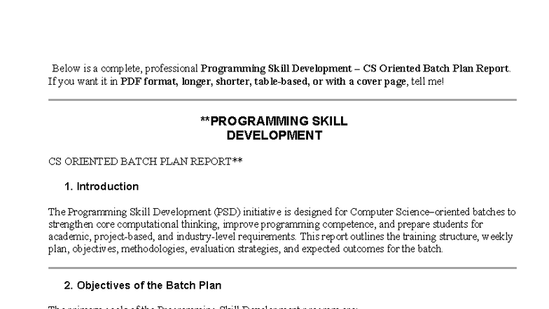 Programming Skill Development Batch Plan Report for CS Students - Studocu