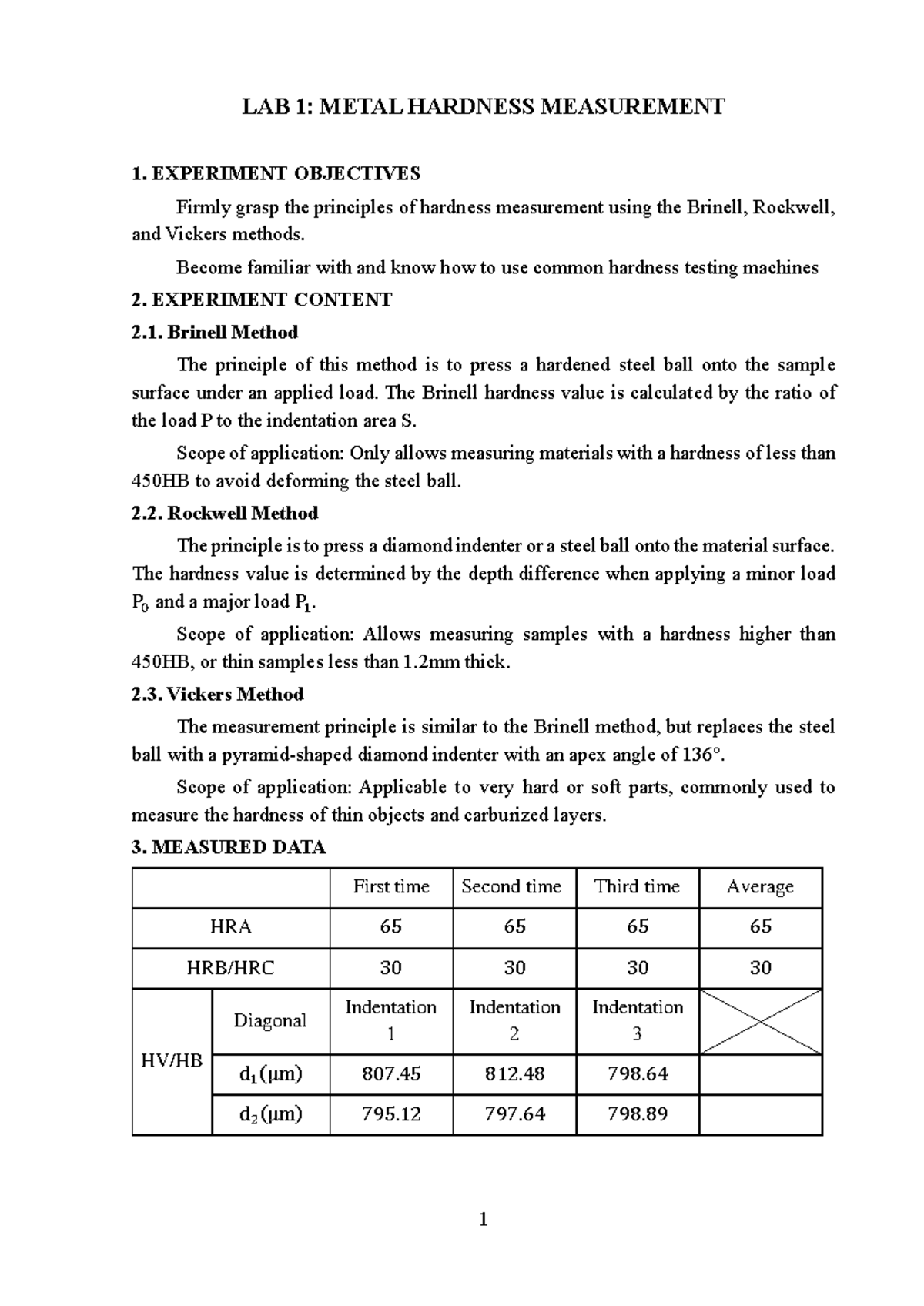 LAB 1: METAL HARDNESS MEASUREMENT - EXPERIMENT REPORT - Studocu