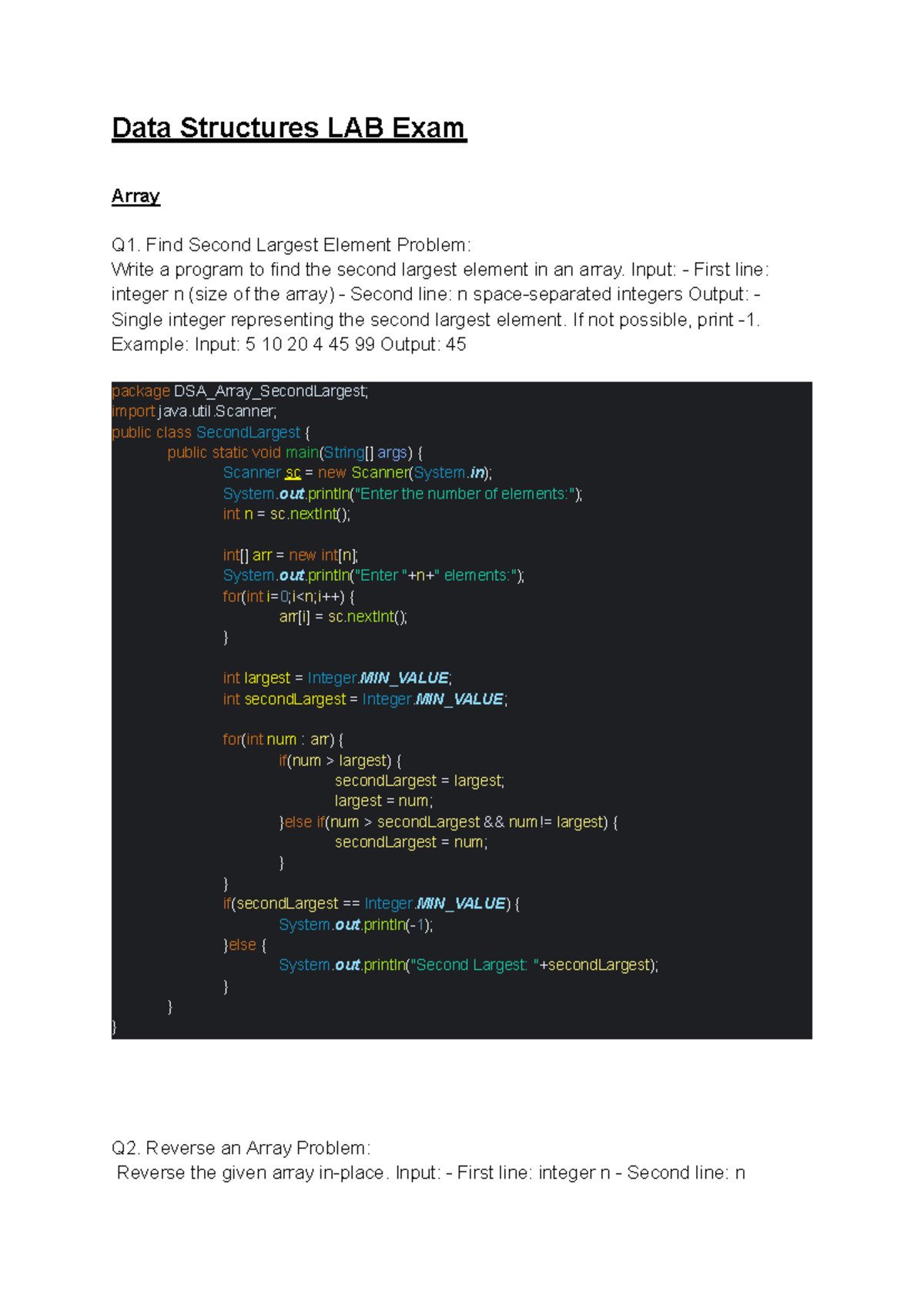 Data Structures LAB Exam: Array & Linked List Problems - Studocu