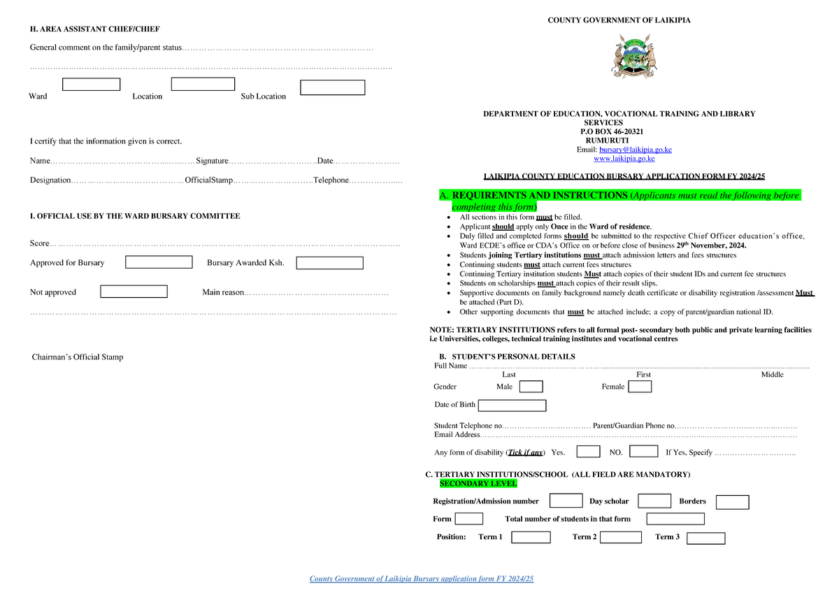 Laikipia County Bursary Application Form FY 2024/25 - Studocu