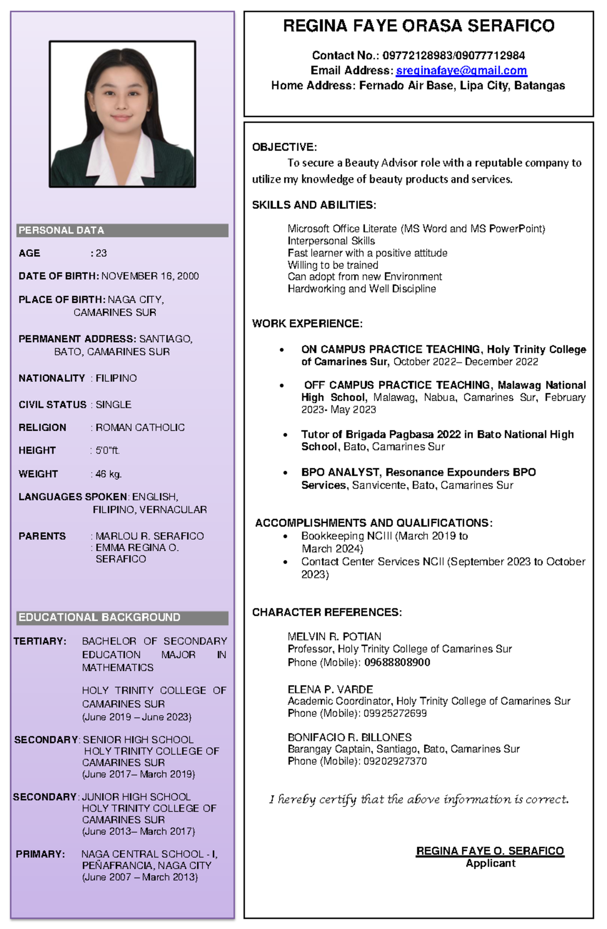 Resume of Regina Faye O. Serafico - Beauty Advisor Application - Studocu