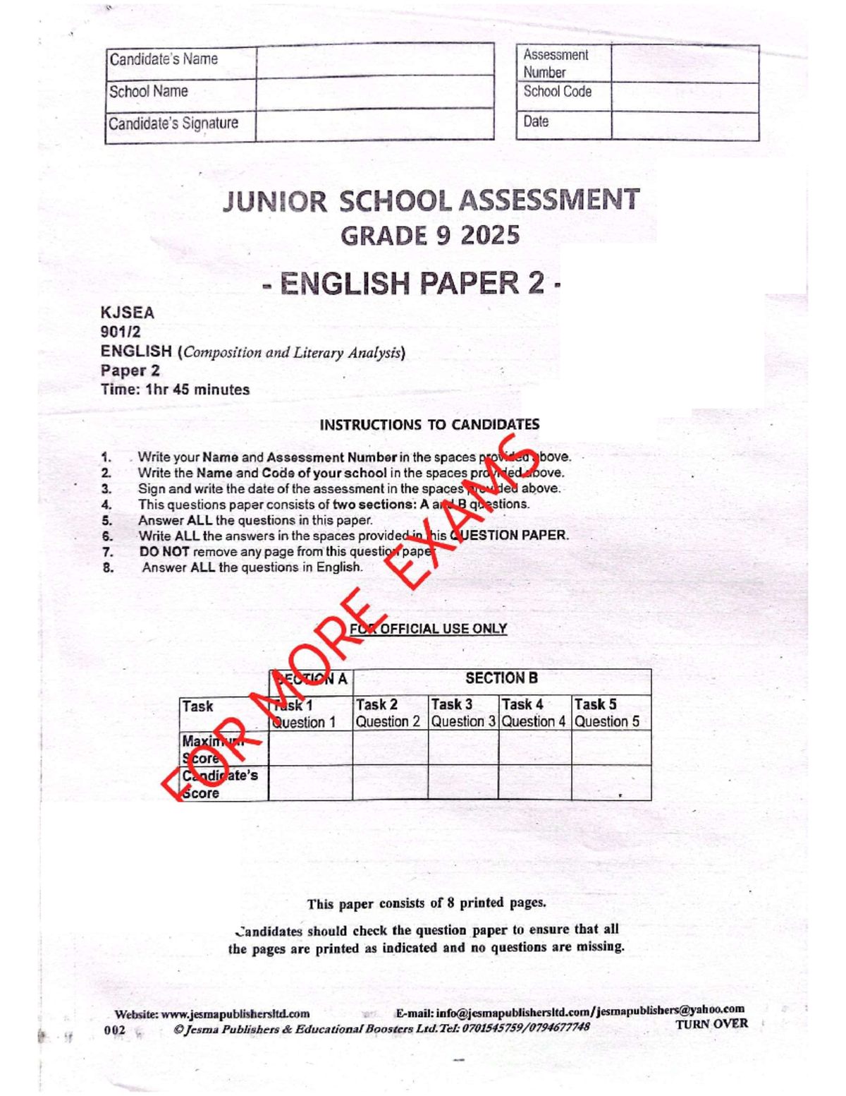 Jesma 002 ENG Paper 2 Grade 9 Junior School Assessment 2025 - Studocu