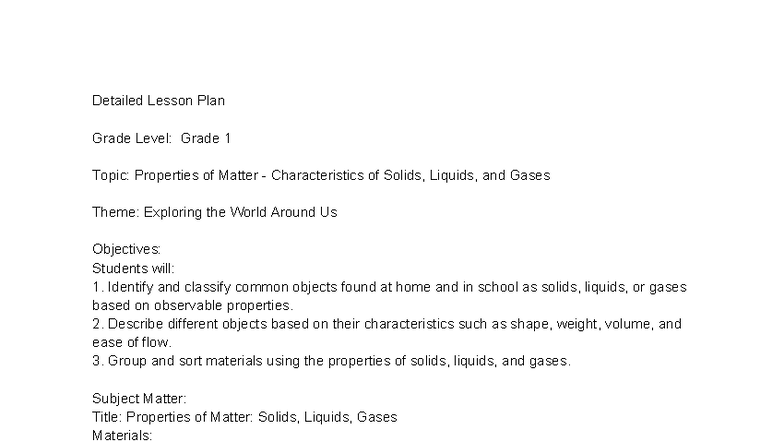 Grade 1 Detailed Lesson Plan: Properties of Matter (Solids, Liquids ...