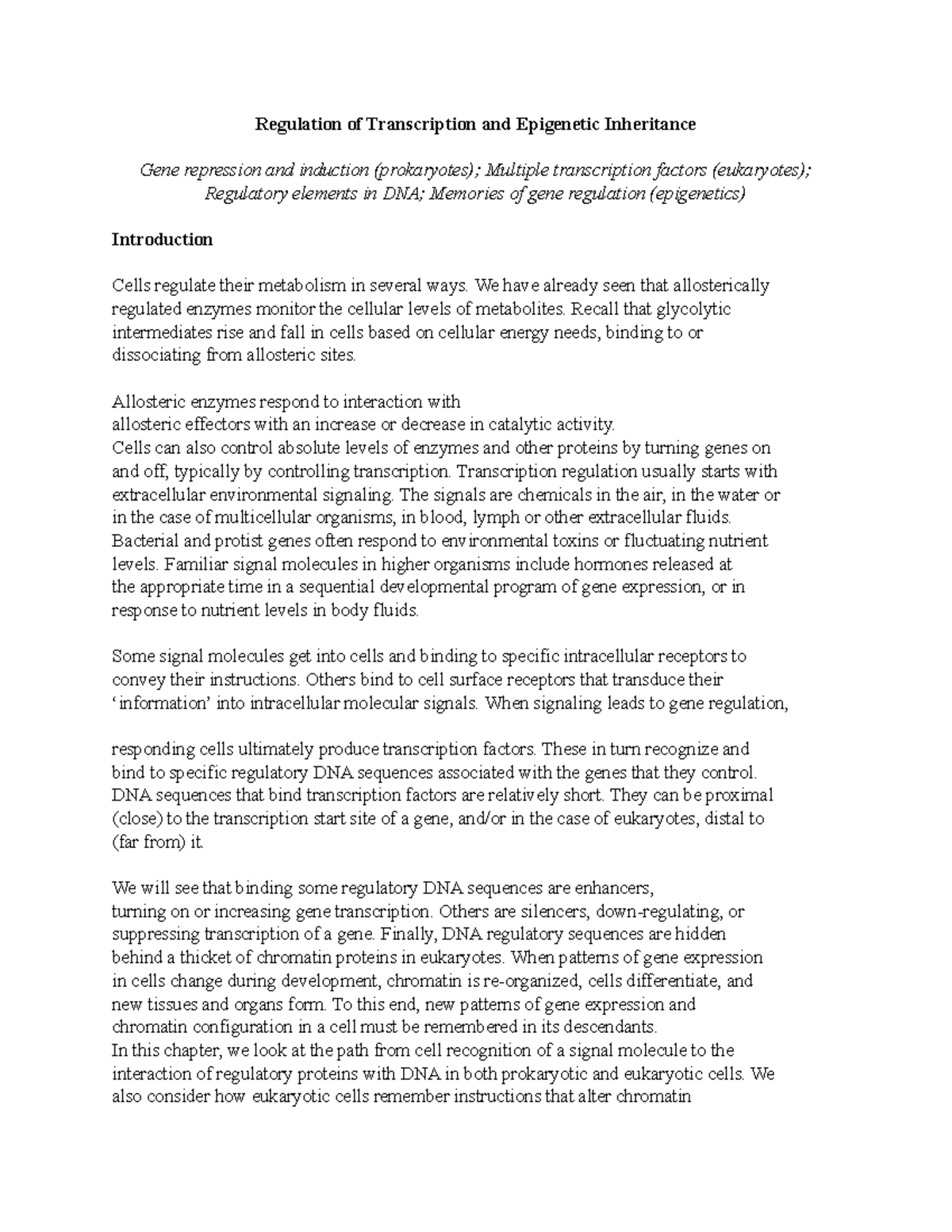 BIO312: Regulation of Transcription & Epigenetic Inheritance Overview ...
