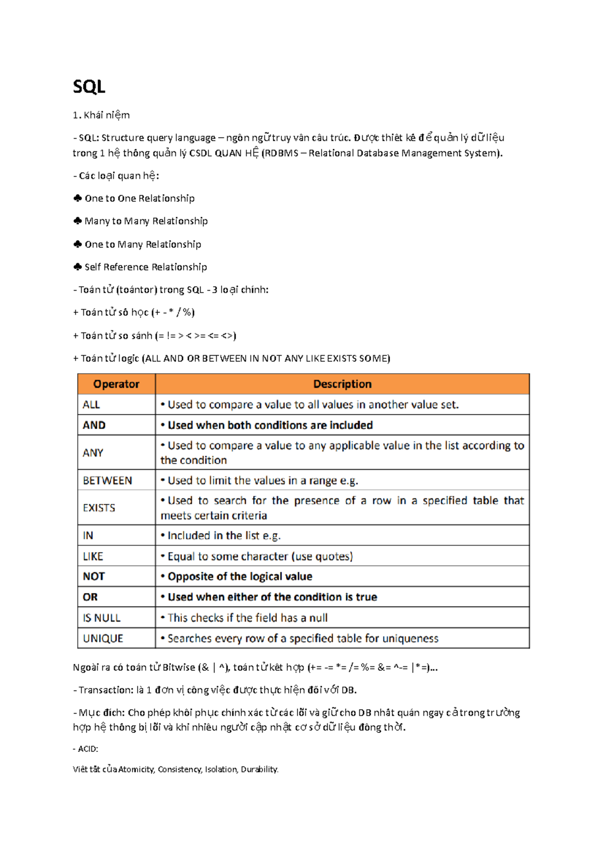 Lý thuyết Java/ sql - SQL 1. Khái ni ệm - SQL: Structure query language ...