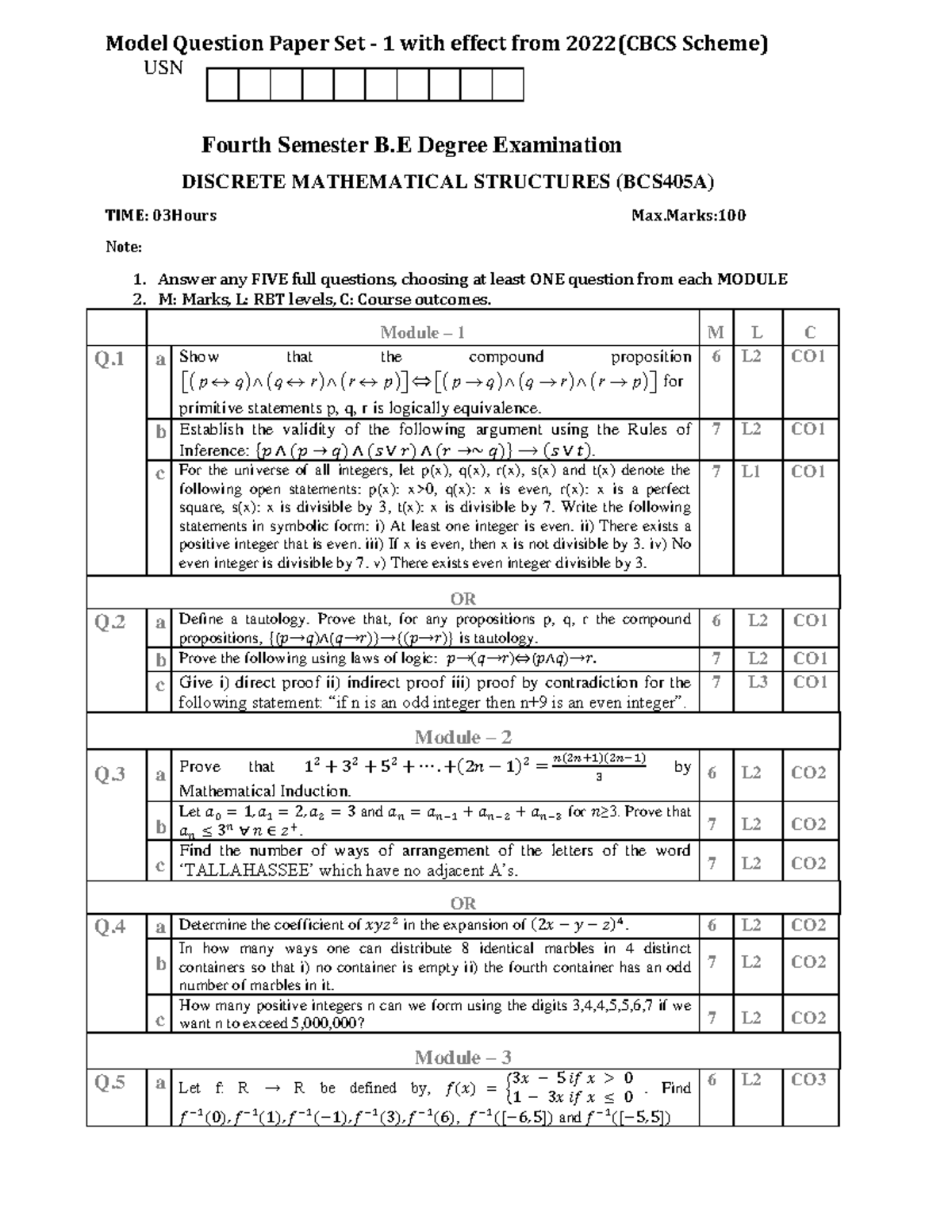 Model Question Paper Set 1 for BCS405A: Discrete Mathematical ...