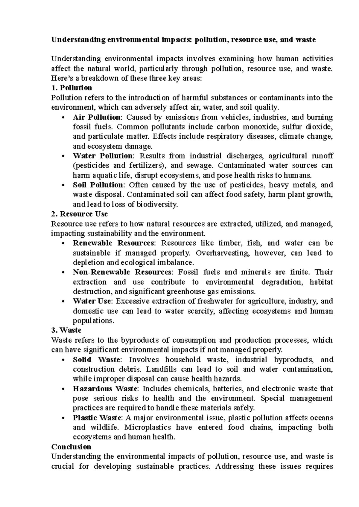 Environmental Impacts: Pollution, Resource Use, and Waste Analysis ...